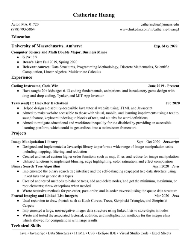 Catherine Huang Resume | PDF | Programming Languages | Computing