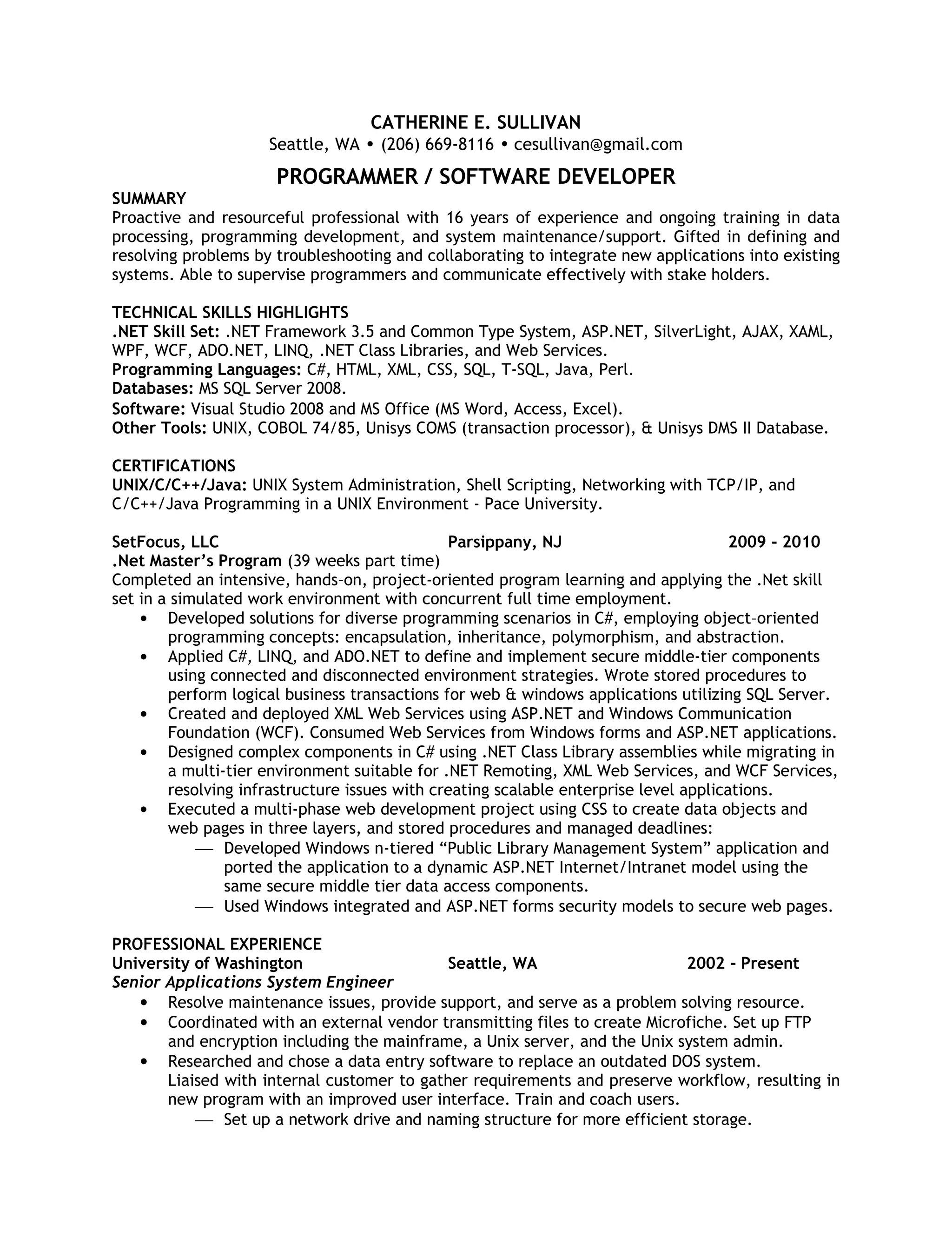 Catherine Sullivan Resume 2010 | PDF