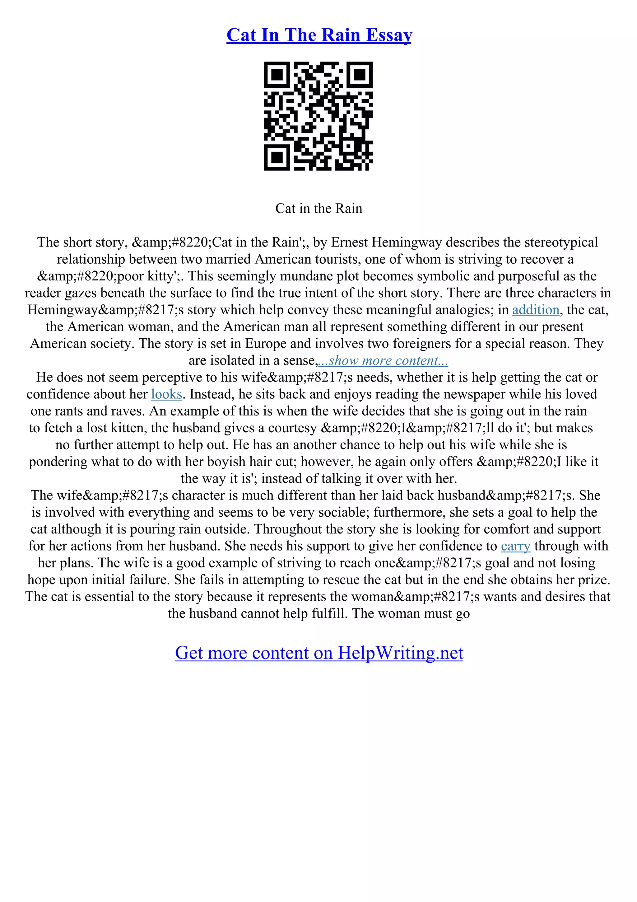 Cat In The Rain Essay | PDF