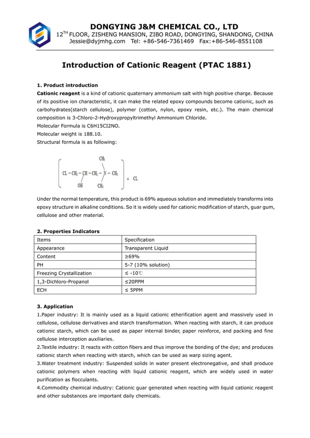 Cationic reagent PTAC 1881 for cationic starch in paper industry | PDF