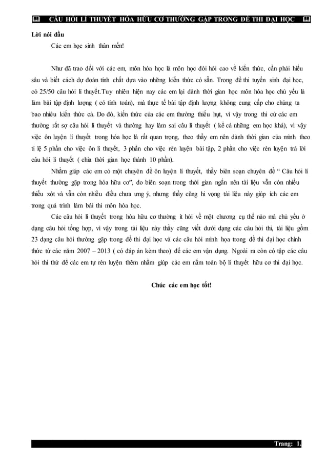 CÂU HỎI LÍ THUYẾT HÓA HỮU CƠ THƯỜNG GẶP TRONG ĐỀ THI ĐẠI HỌC | DOC