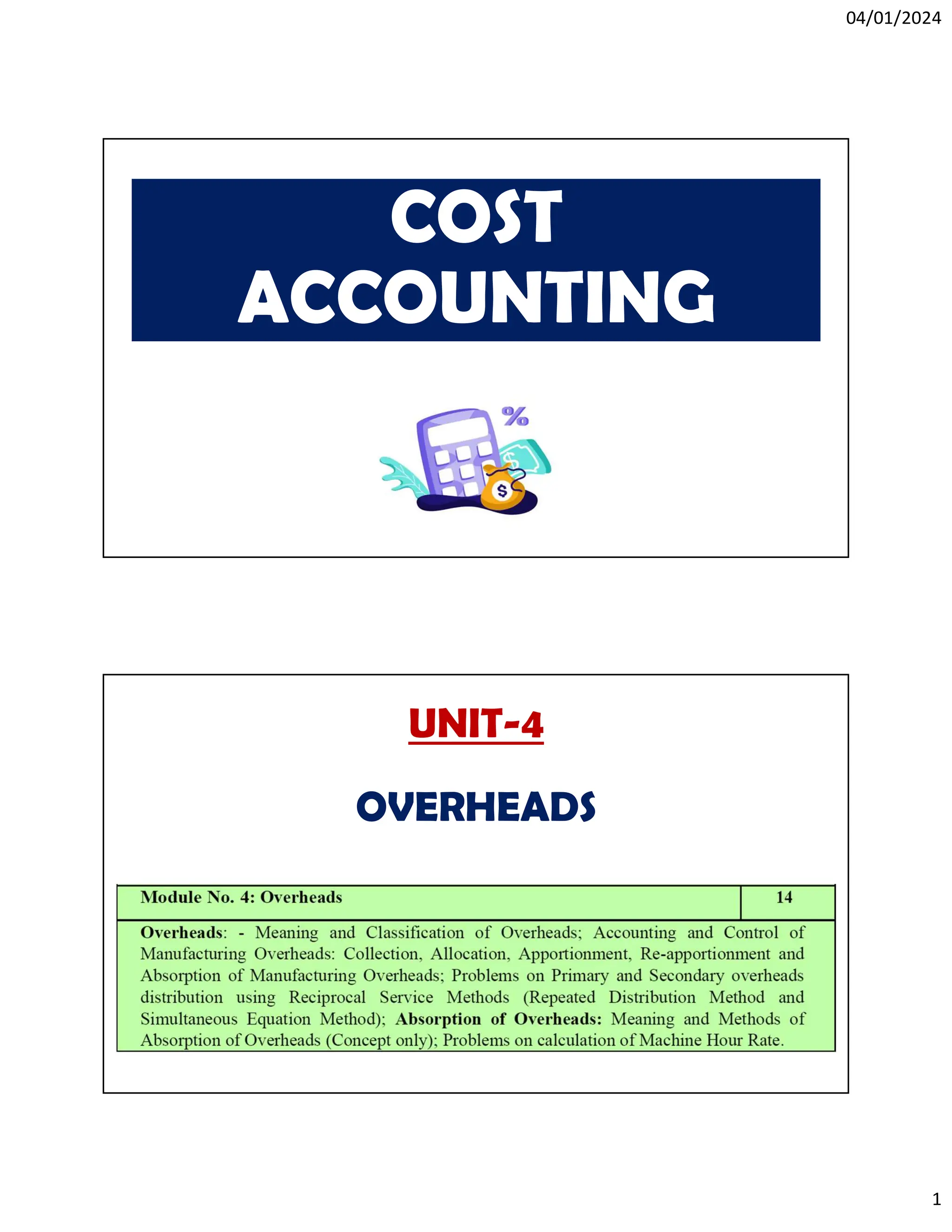 BBA 3rd Sem Cost Accounting: Unit-4 - Overheads Theory | PDF