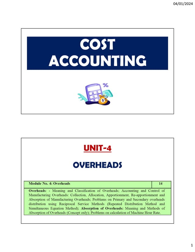 BBA 3rd Sem Cost Accounting: Unit-4 - Overheads Theory | PDF
