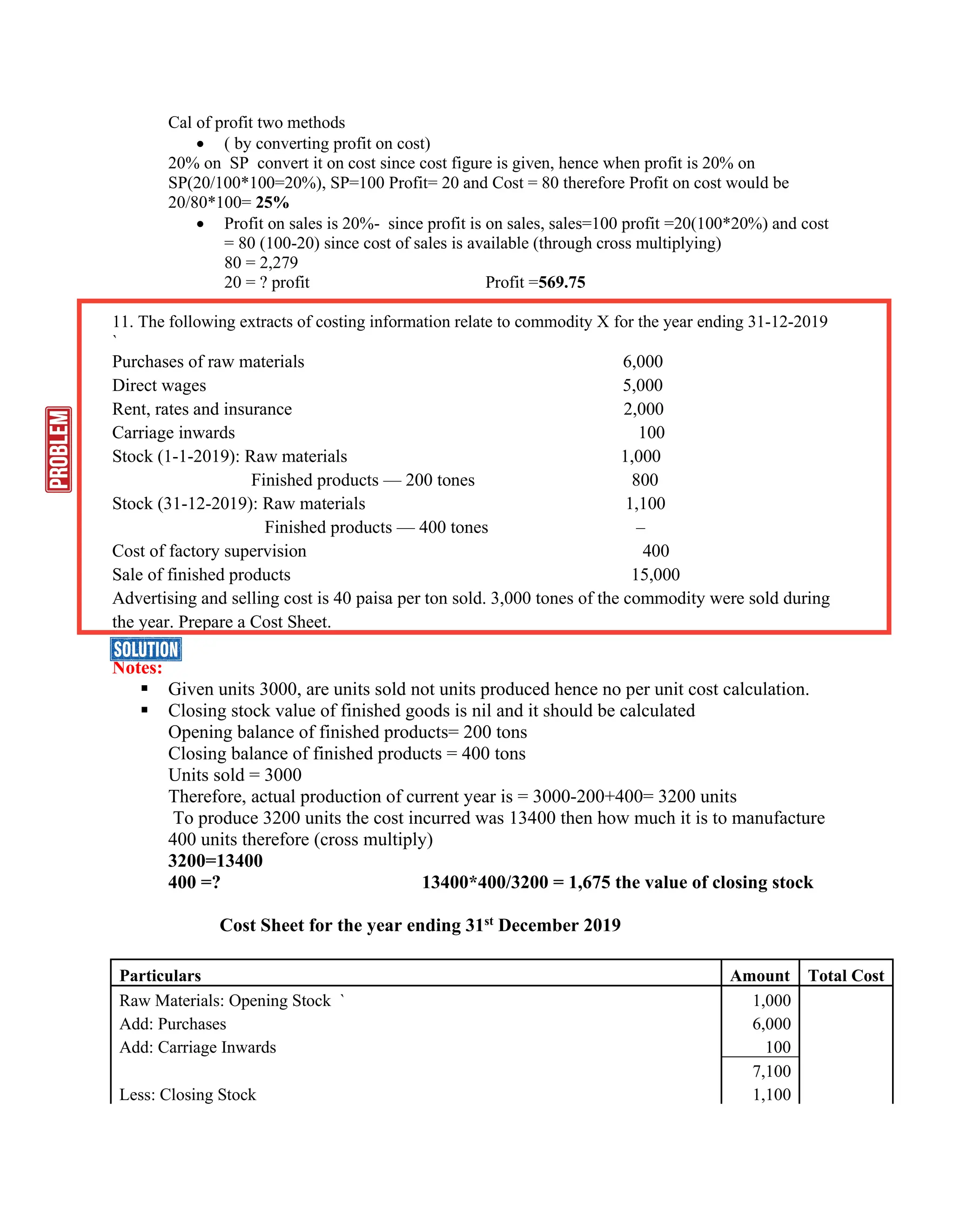 Cost Accounting: Unit-5 Cost Sheet Questions & Answers | PDF