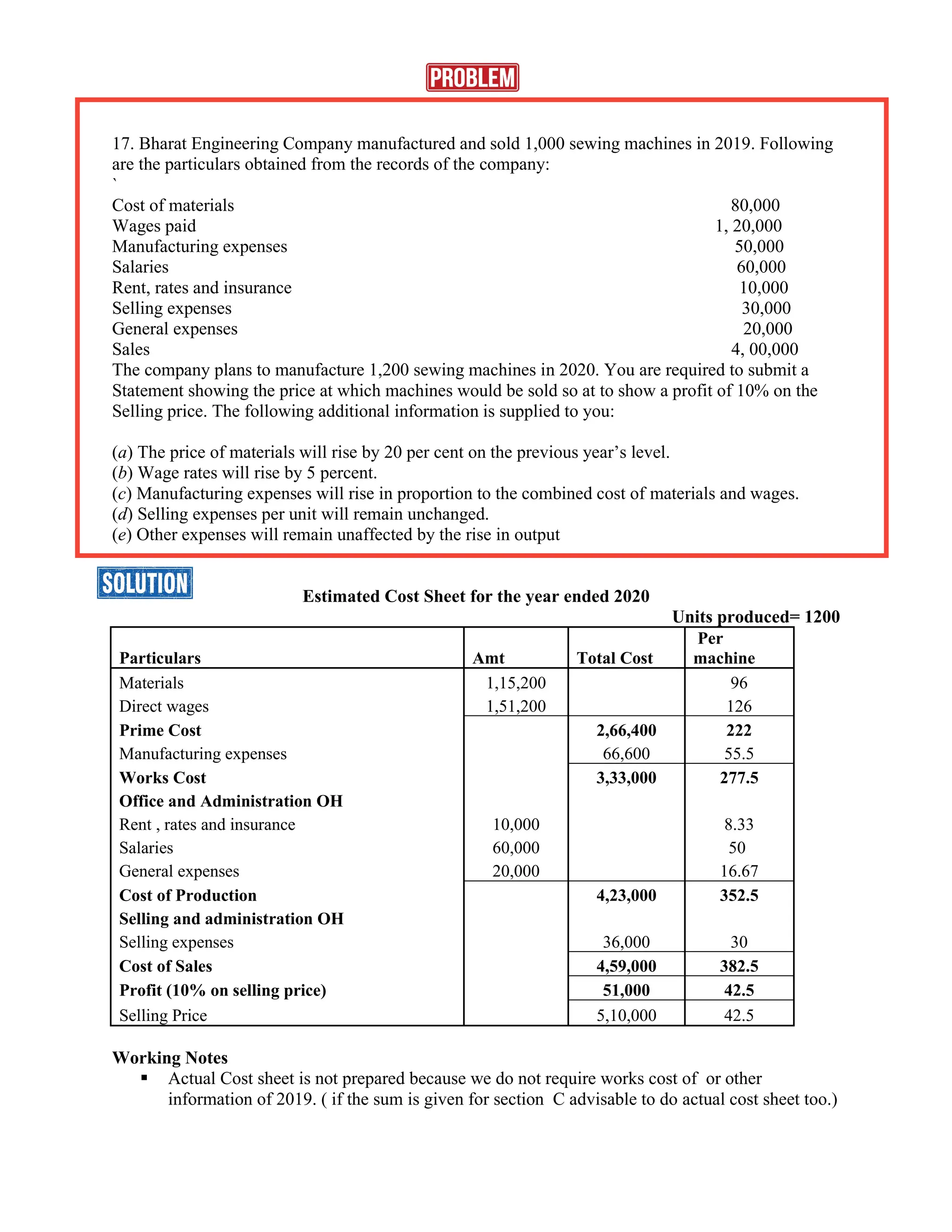 Cost Accounting: Unit-5 Cost Sheet Questions & Answers | PDF