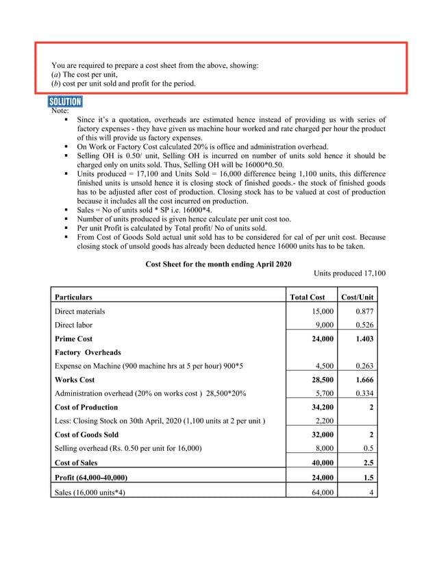 Cost Accounting: Unit-5 Cost Sheet Questions & Answers | PDF