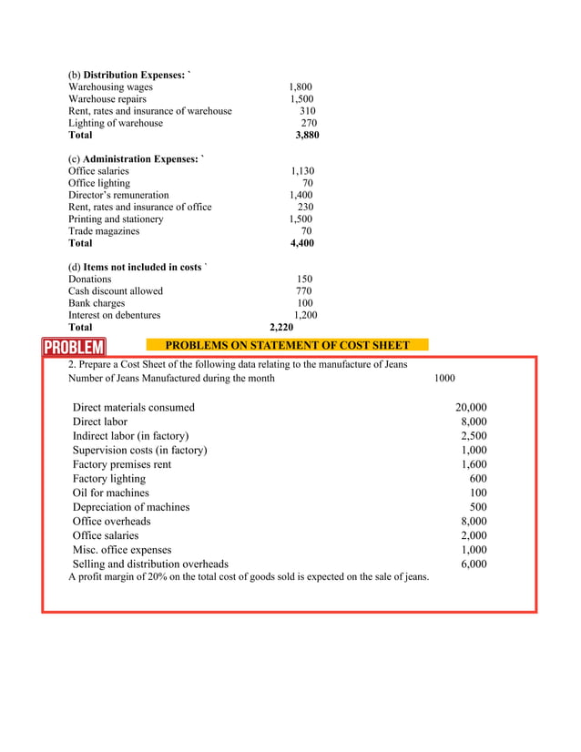 Cost Accounting: Unit-5 Cost Sheet Questions & Answers | PDF
