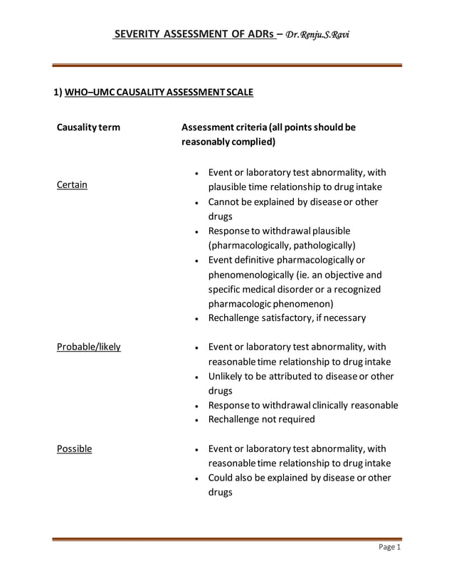 Causality assessment scales | DOCX | Chemistry | Science