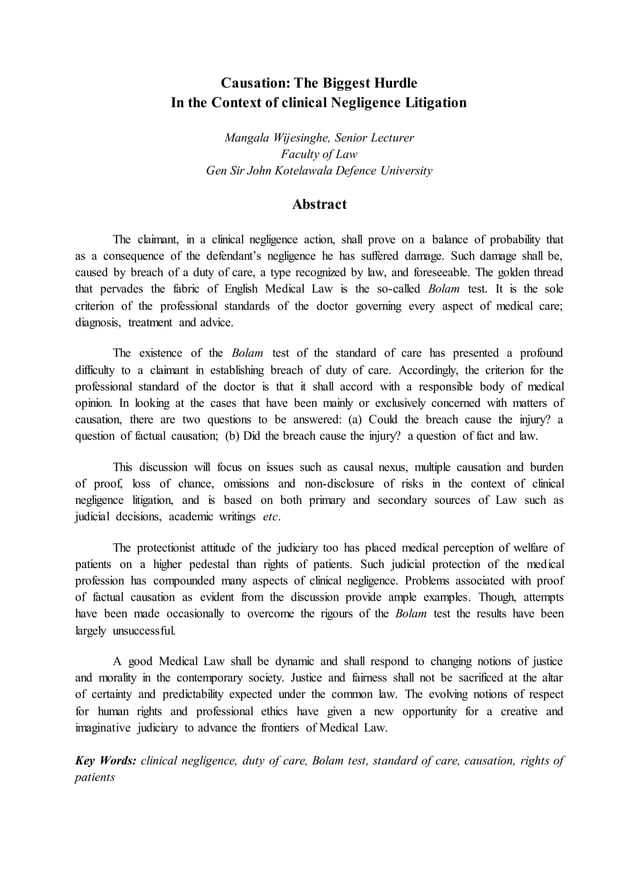 Causation the biggest hurdle in clinical nigligence litigation | DOCX ...