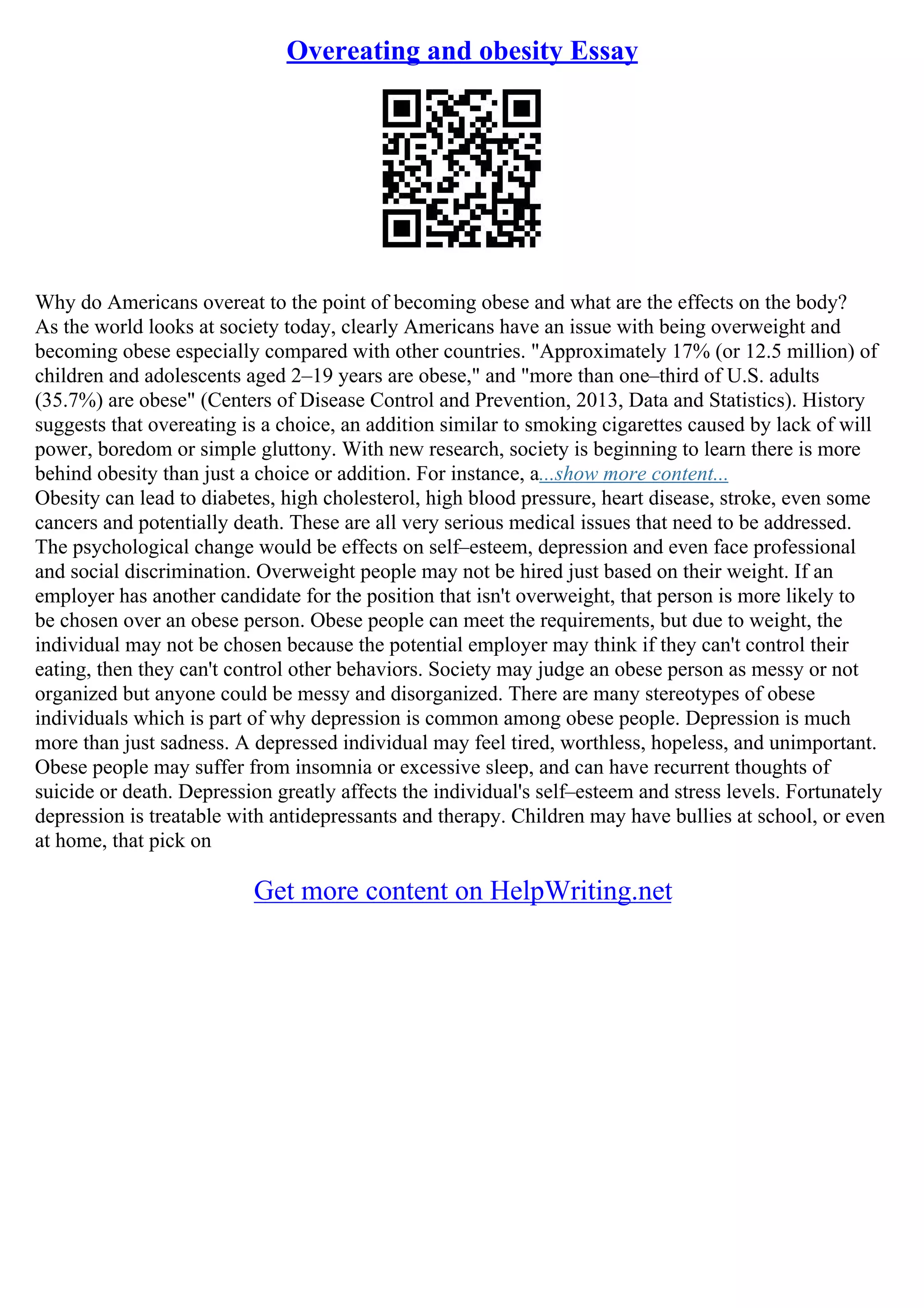 Cause Of Obesity Essay | PDF