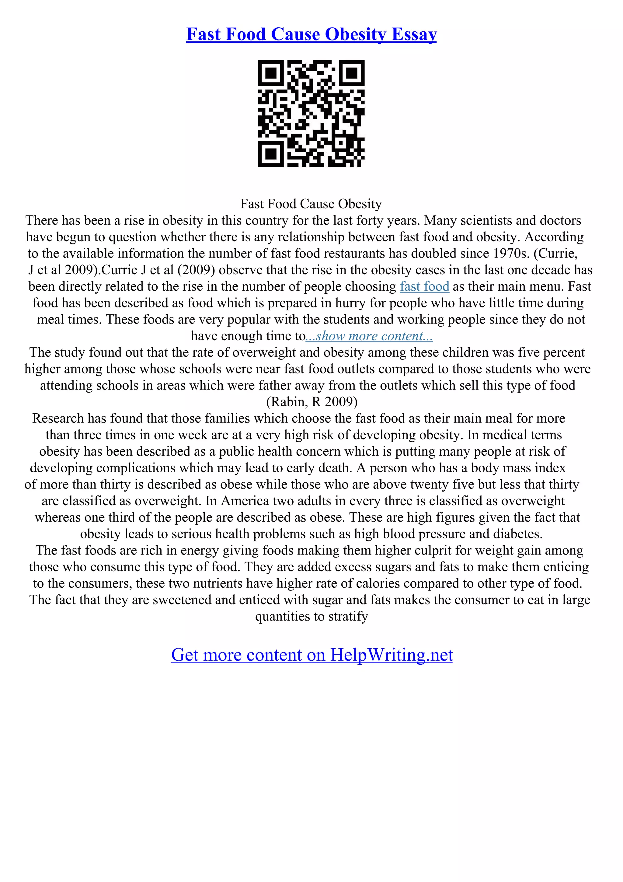 Cause Of Obesity Essay | PDF