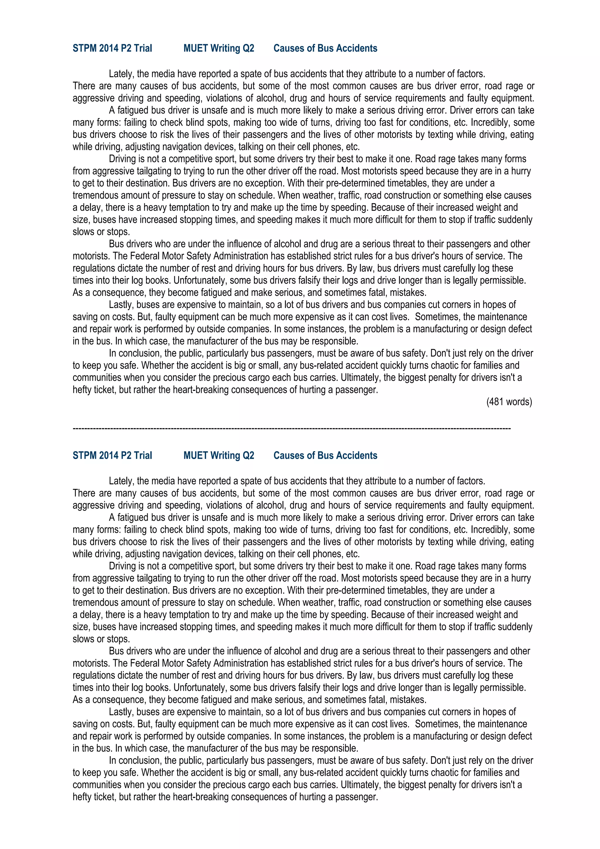 Causes of bus accidents muet writing stpm 2014 p2 trial | DOC