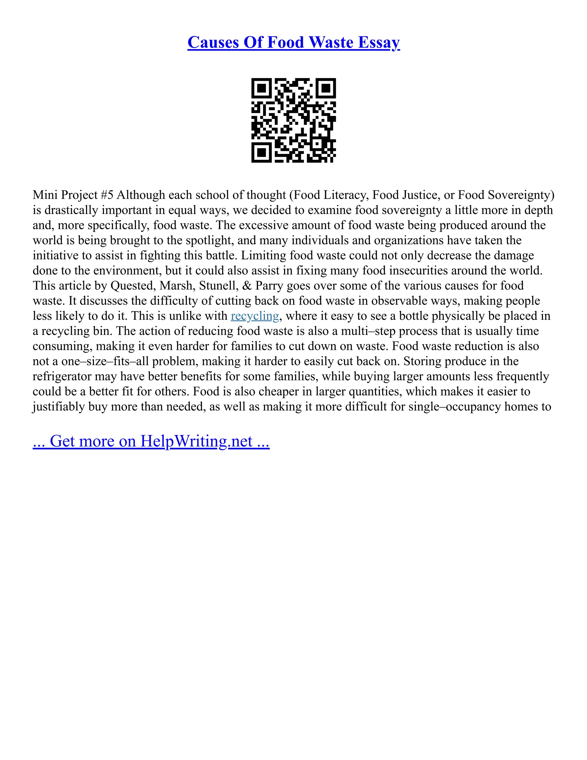 Causes Of Food Waste Essay | PDF