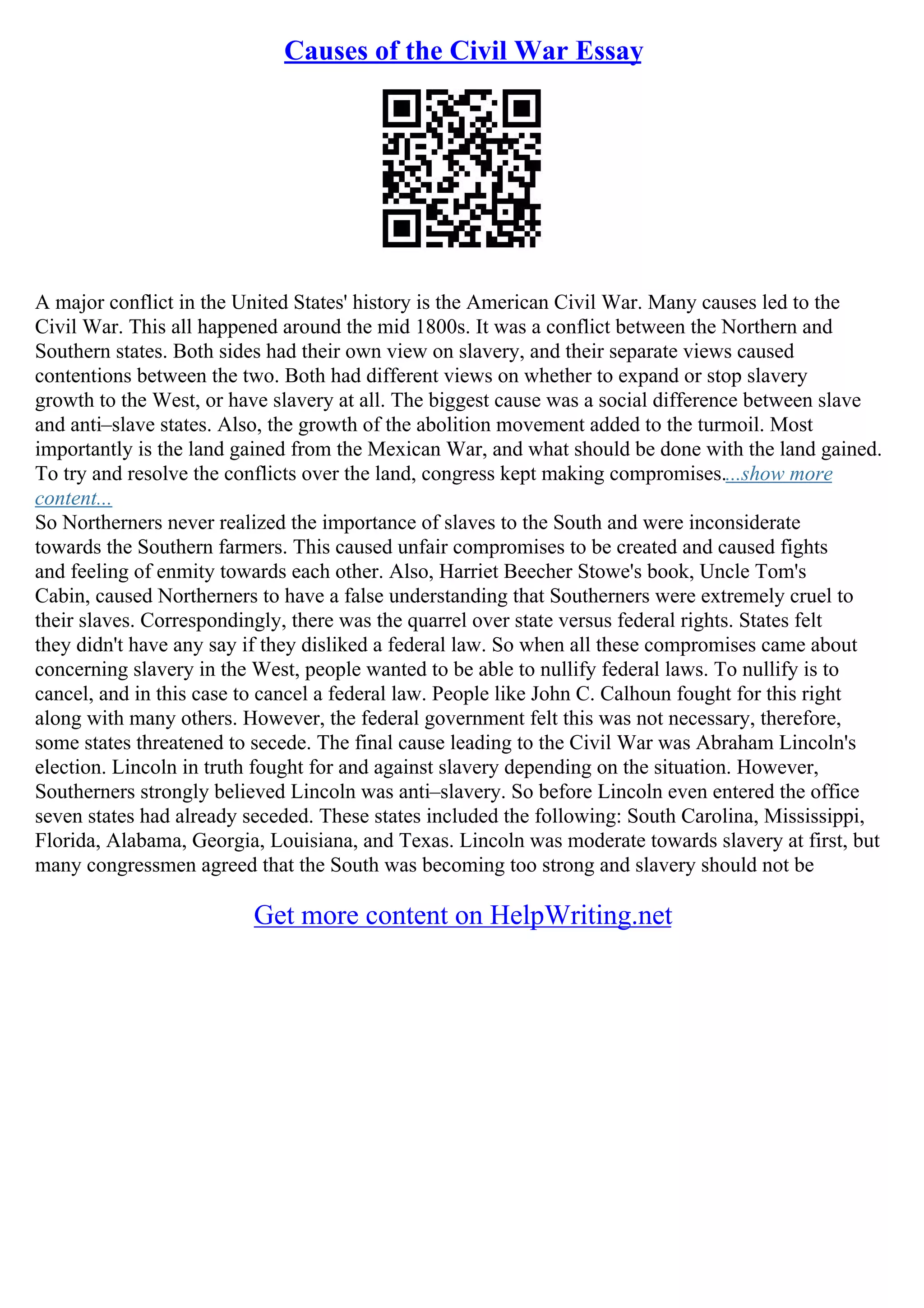 Causes Of The American Civil War Essay | PDF