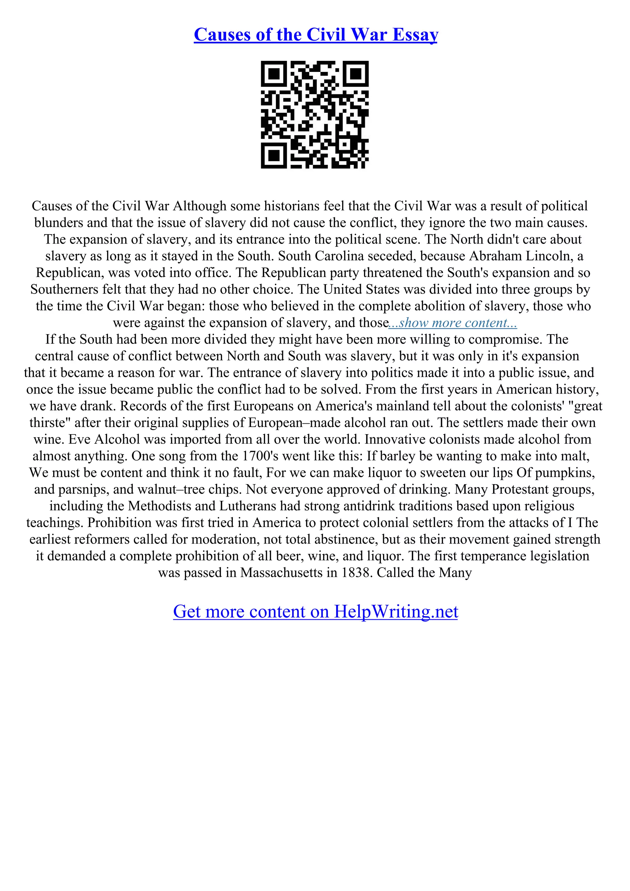 Causes Of The American Civil War Essay | PDF