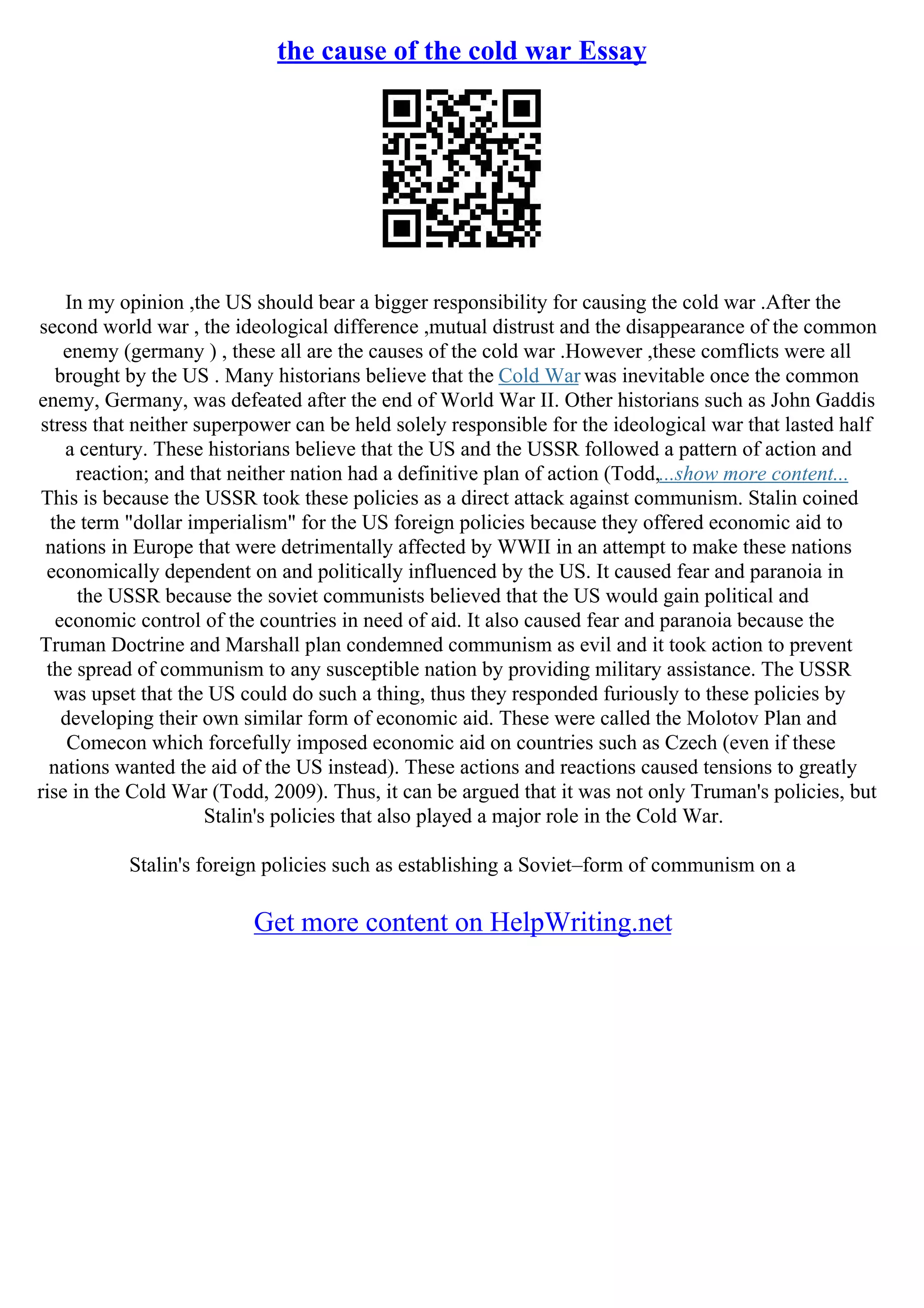 Causes Of The Cold War Essay | PDF