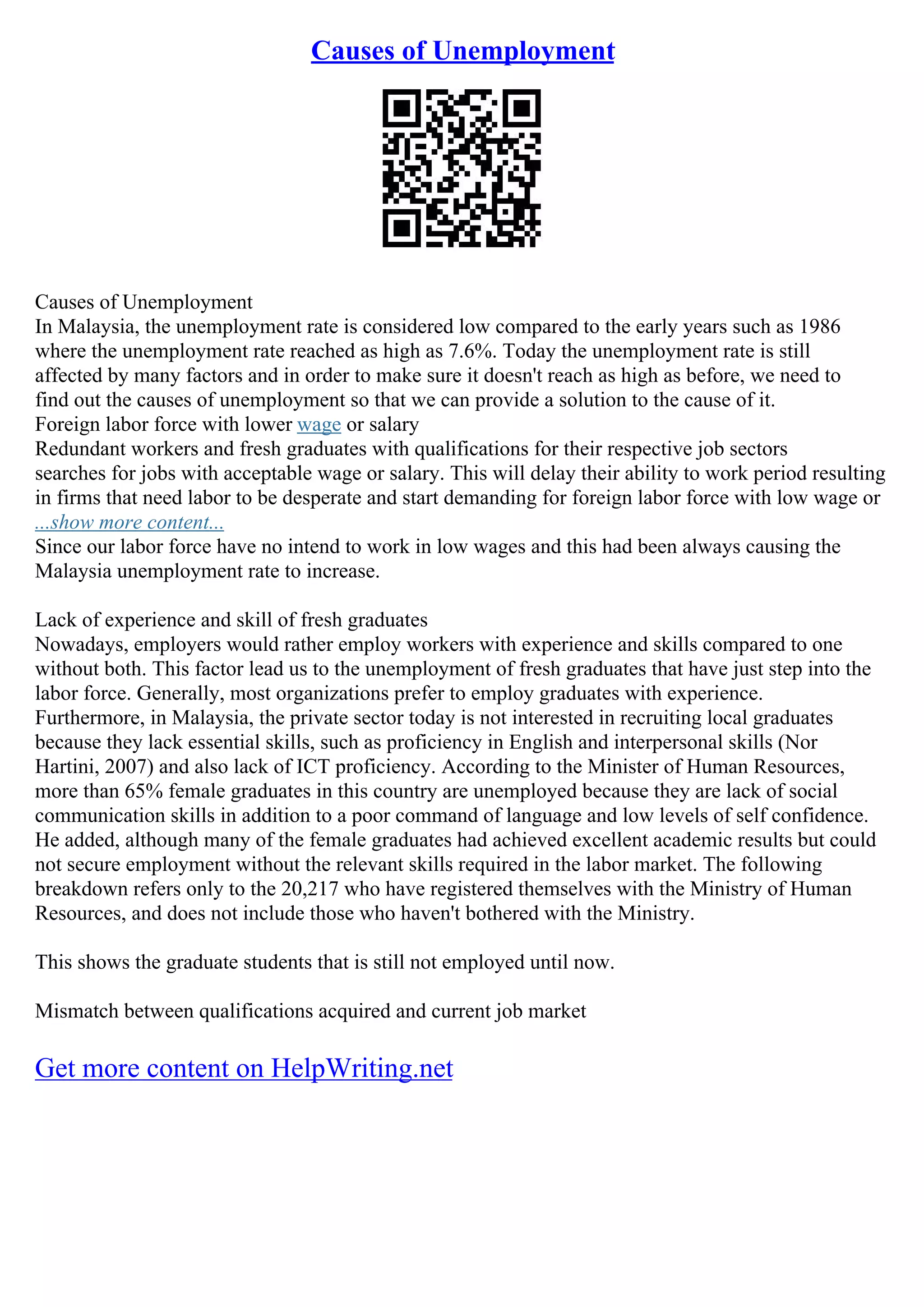 Causes Of Unemployment | PDF