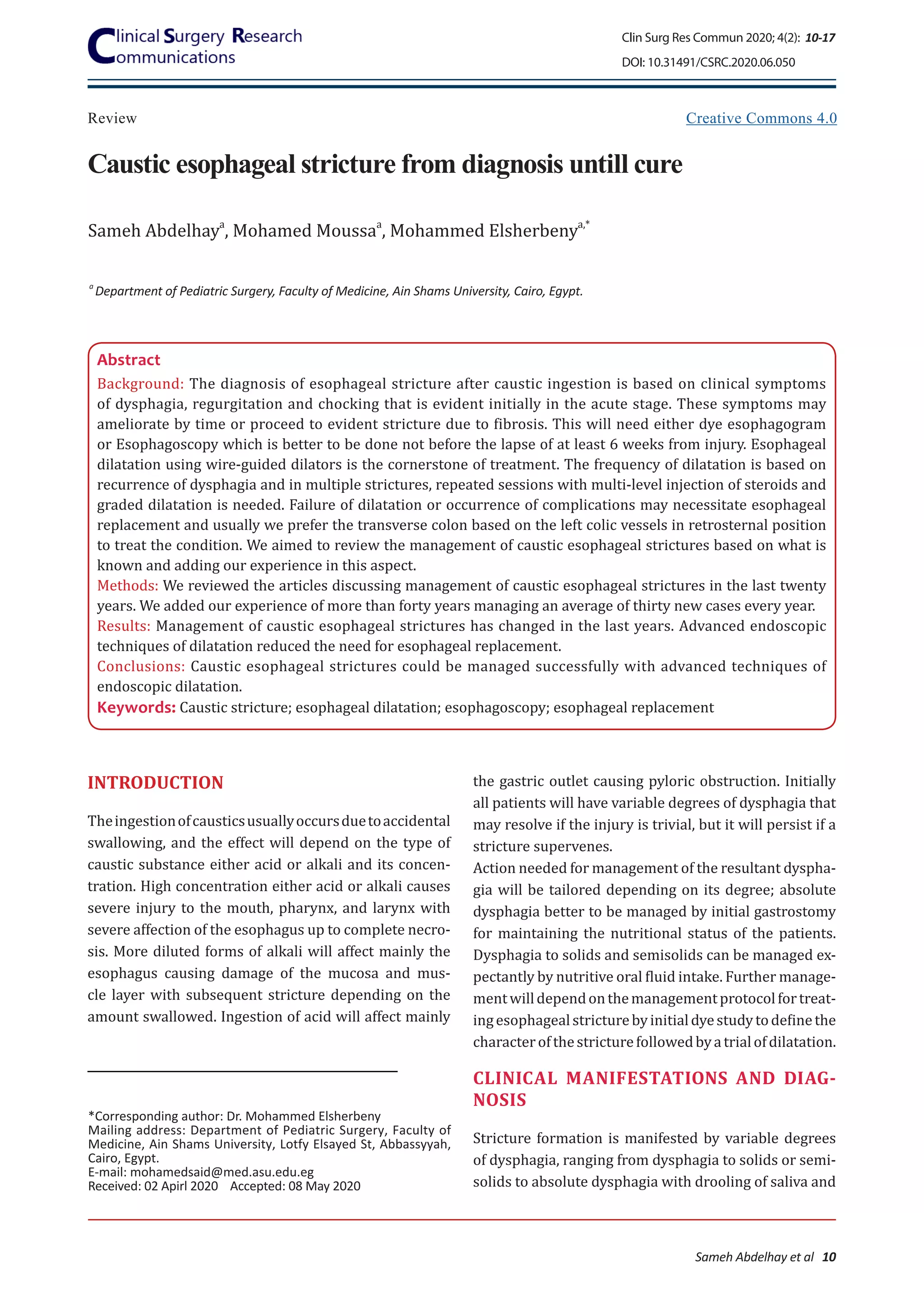 Caustic esophageal stricture from diagnosis untill cure | PDF