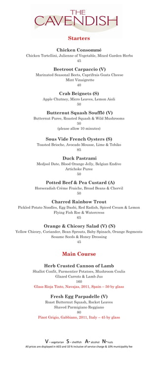 Cavendish Dinner Menu 2015 | PDF
