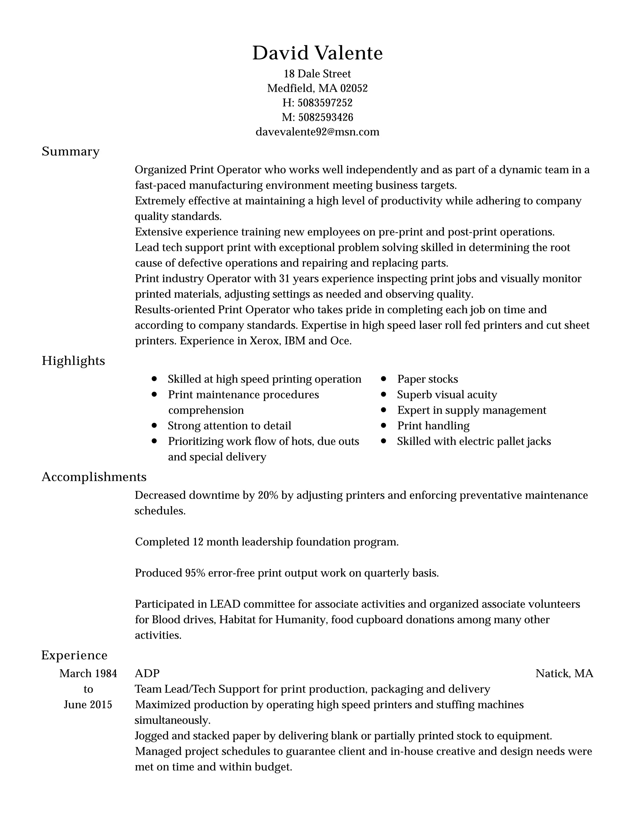 David Valente Resume 1 | PDF