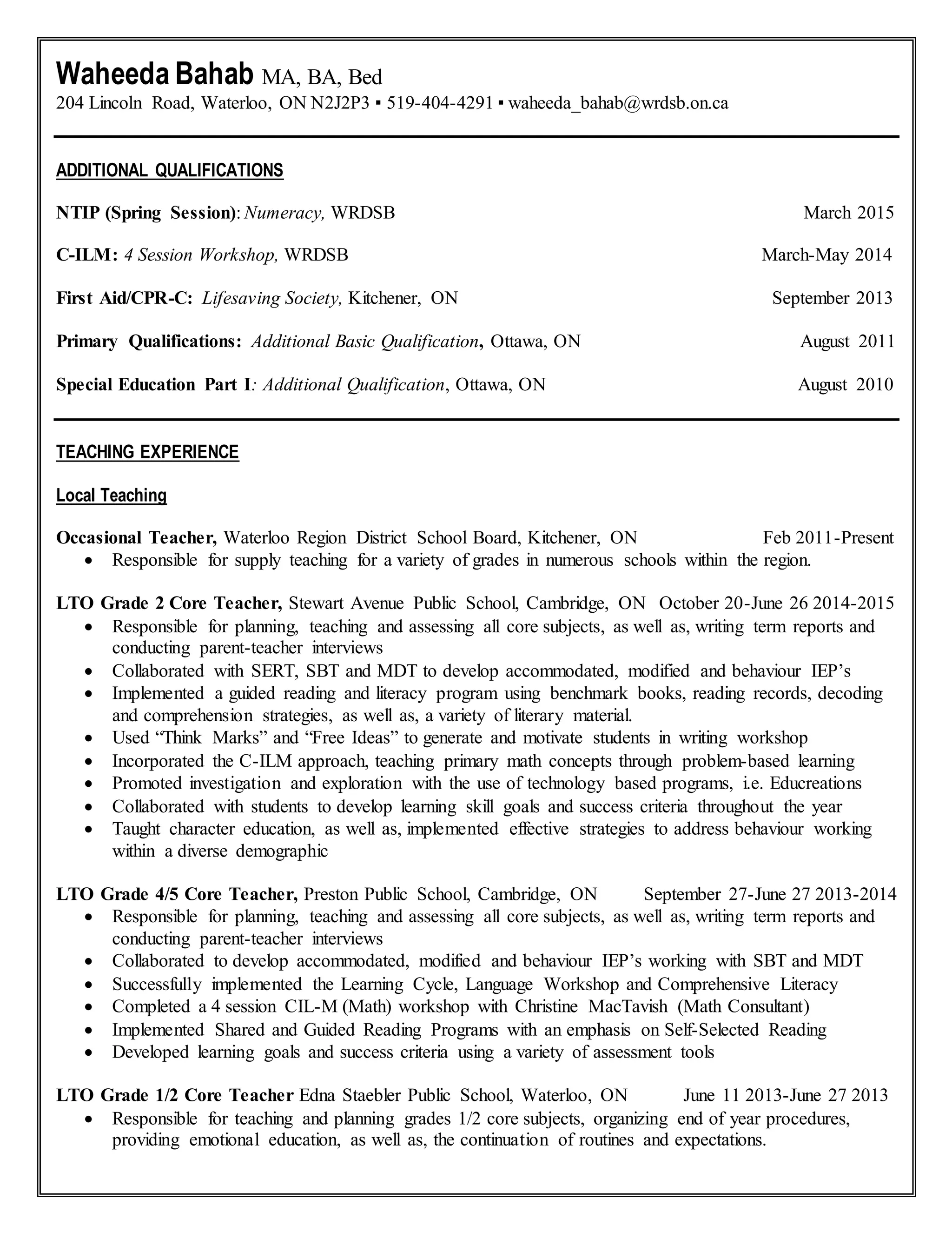Waheeda Bahab-Resume-2015 | DOCX