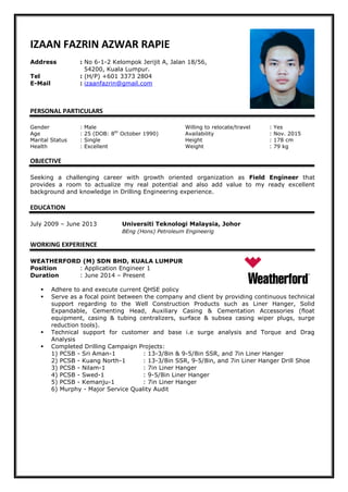 IZAAN FAZRIN AZWAR RAPIE RESUME | PDF