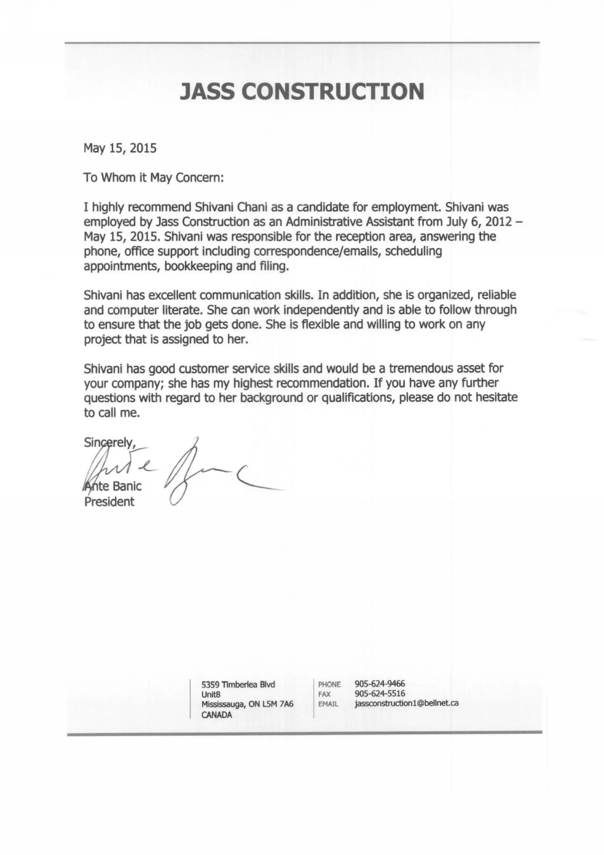JASS CONSTRUCTION RECOMENDATION LETTER | PDF