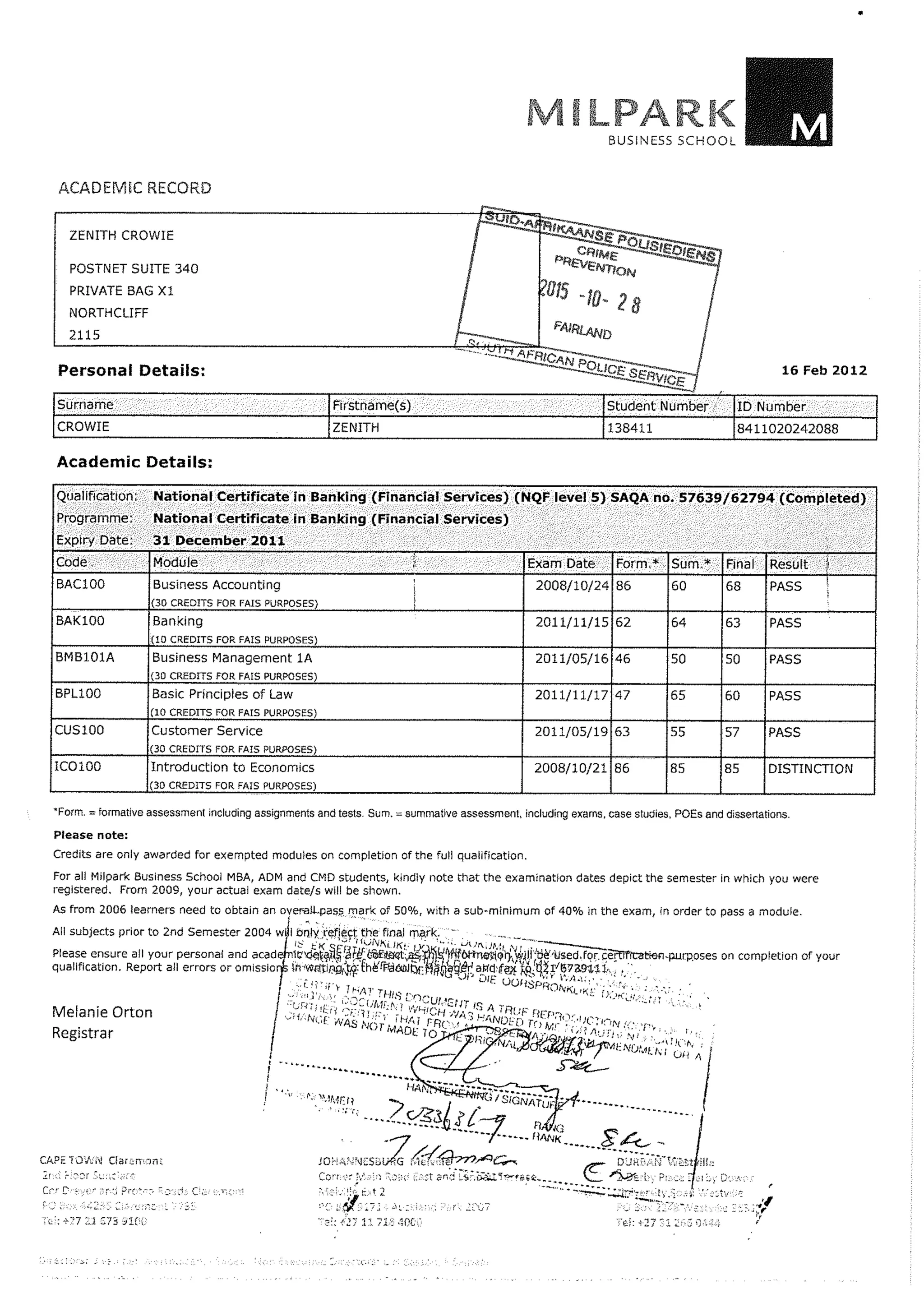 Milpark Certificate & Stm of Credits | PDF