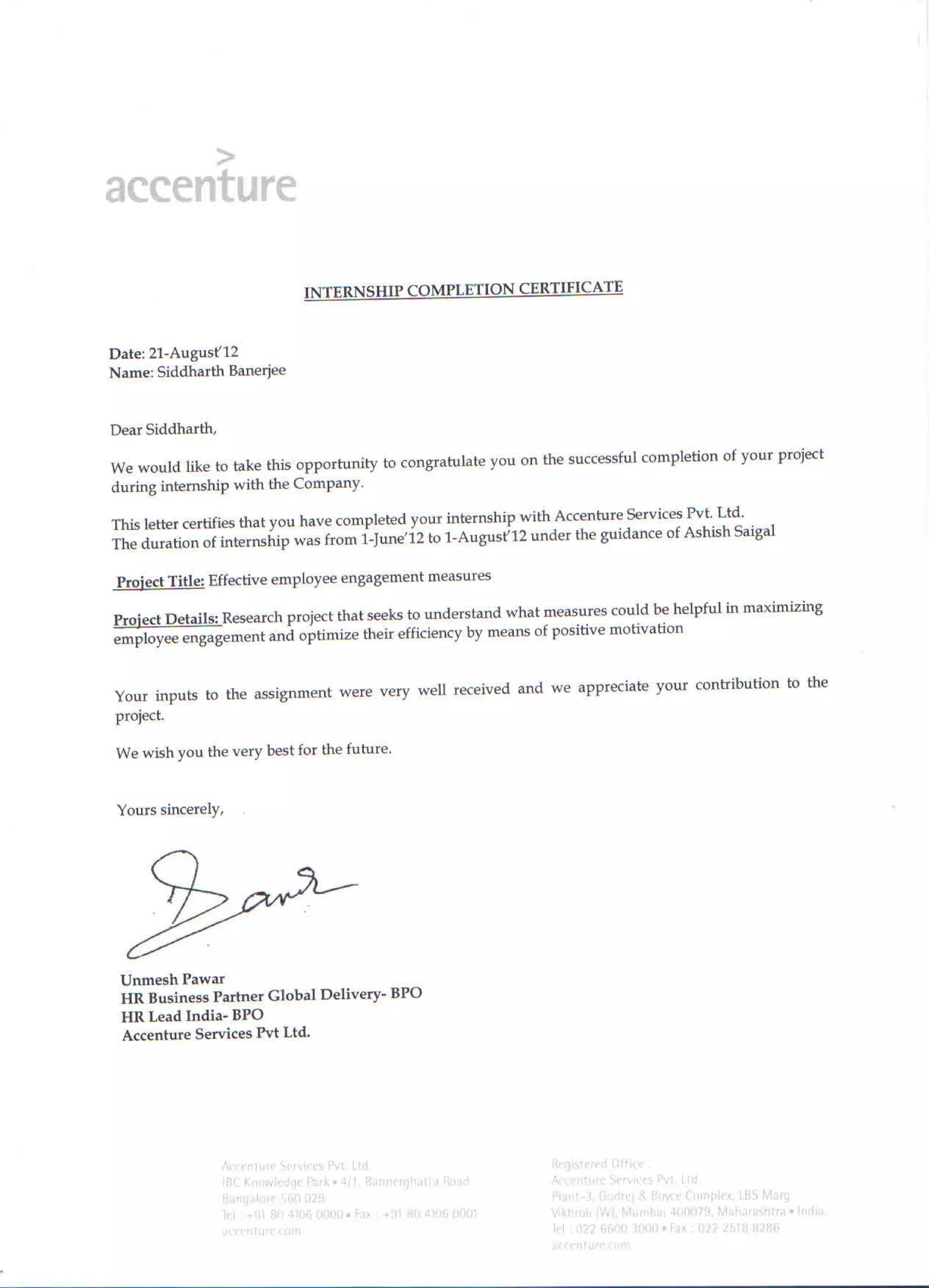 Siddharth Banerjee - Internship Completion Certificate | PDF