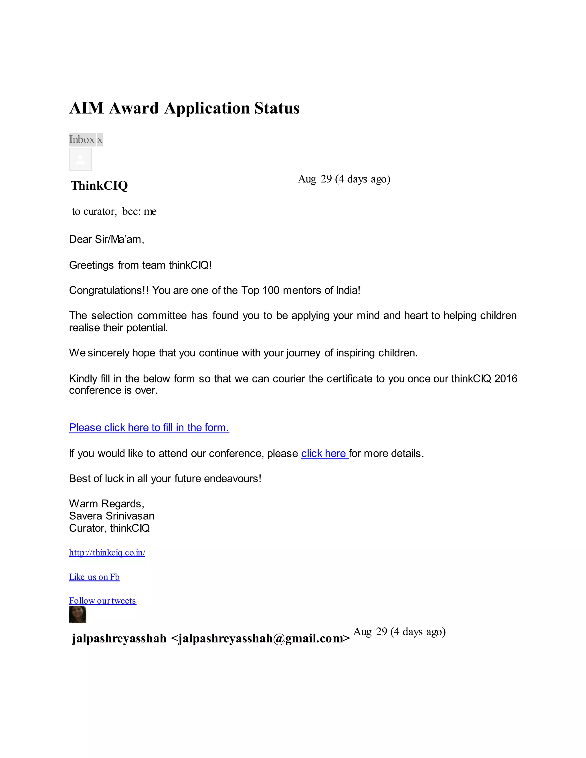 AIM Award Application Status | PDF