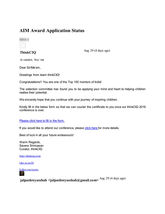 AIM Award Application Status | PDF