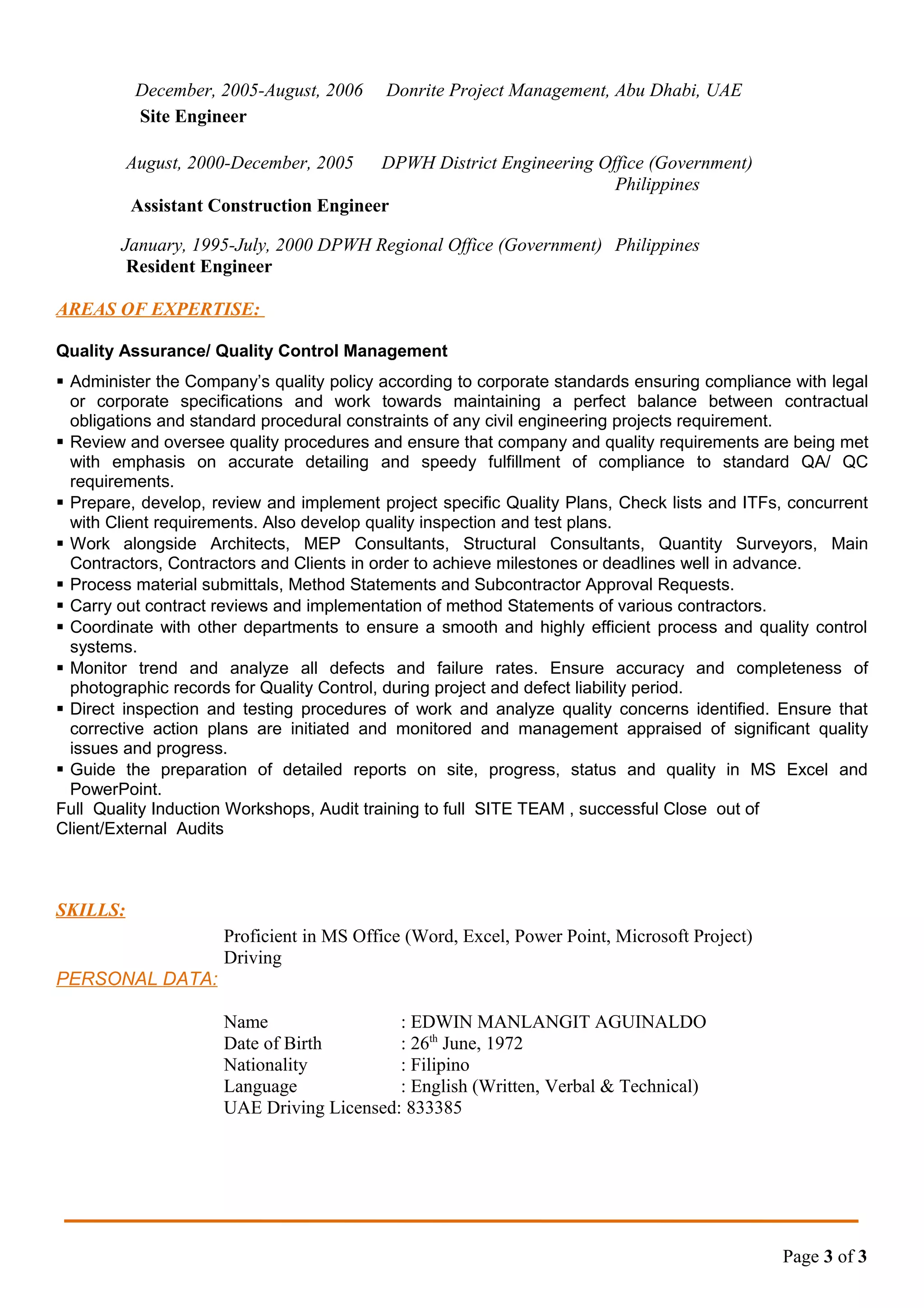 edwin cv for QA-QC Manager | DOC