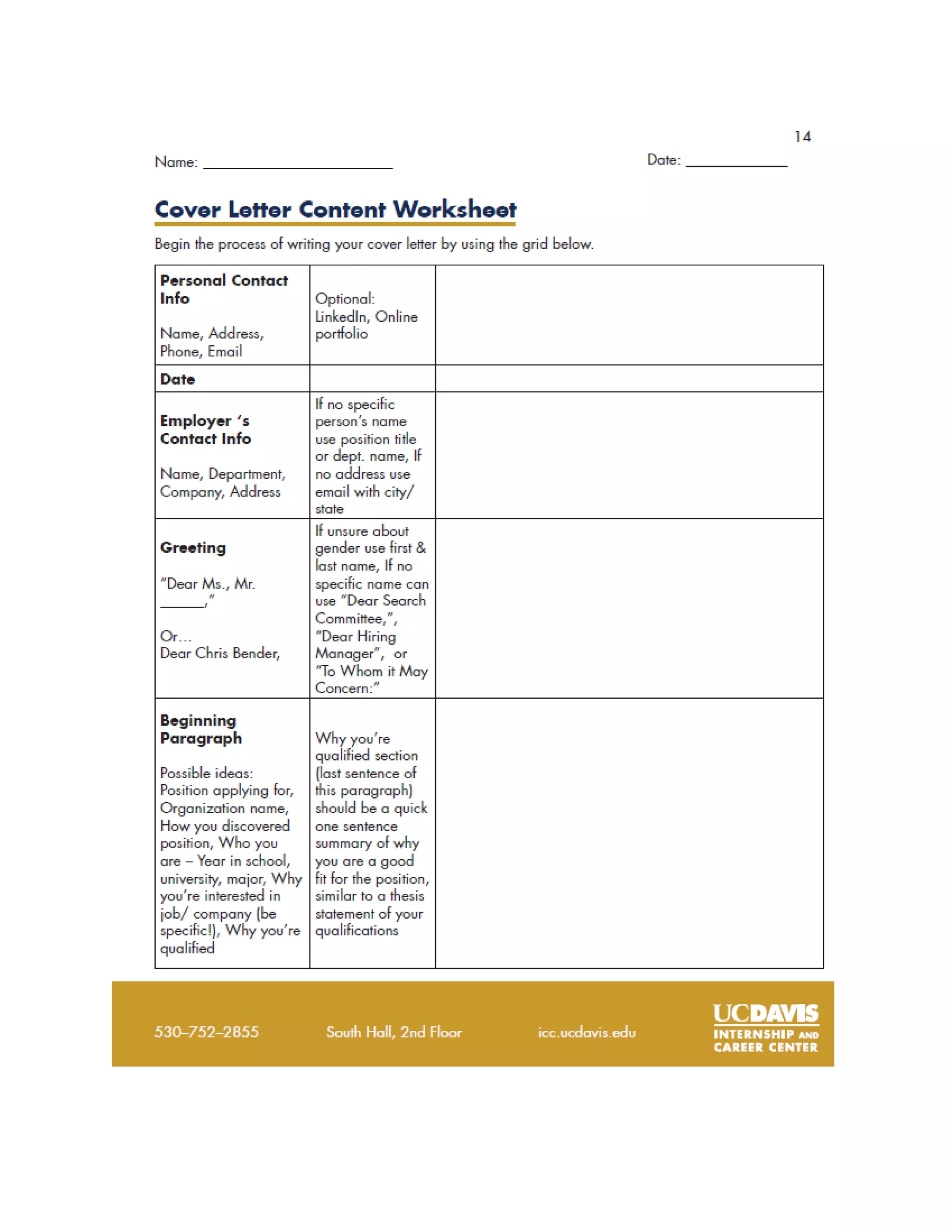 Cover Letter Content Worksheet | PDF