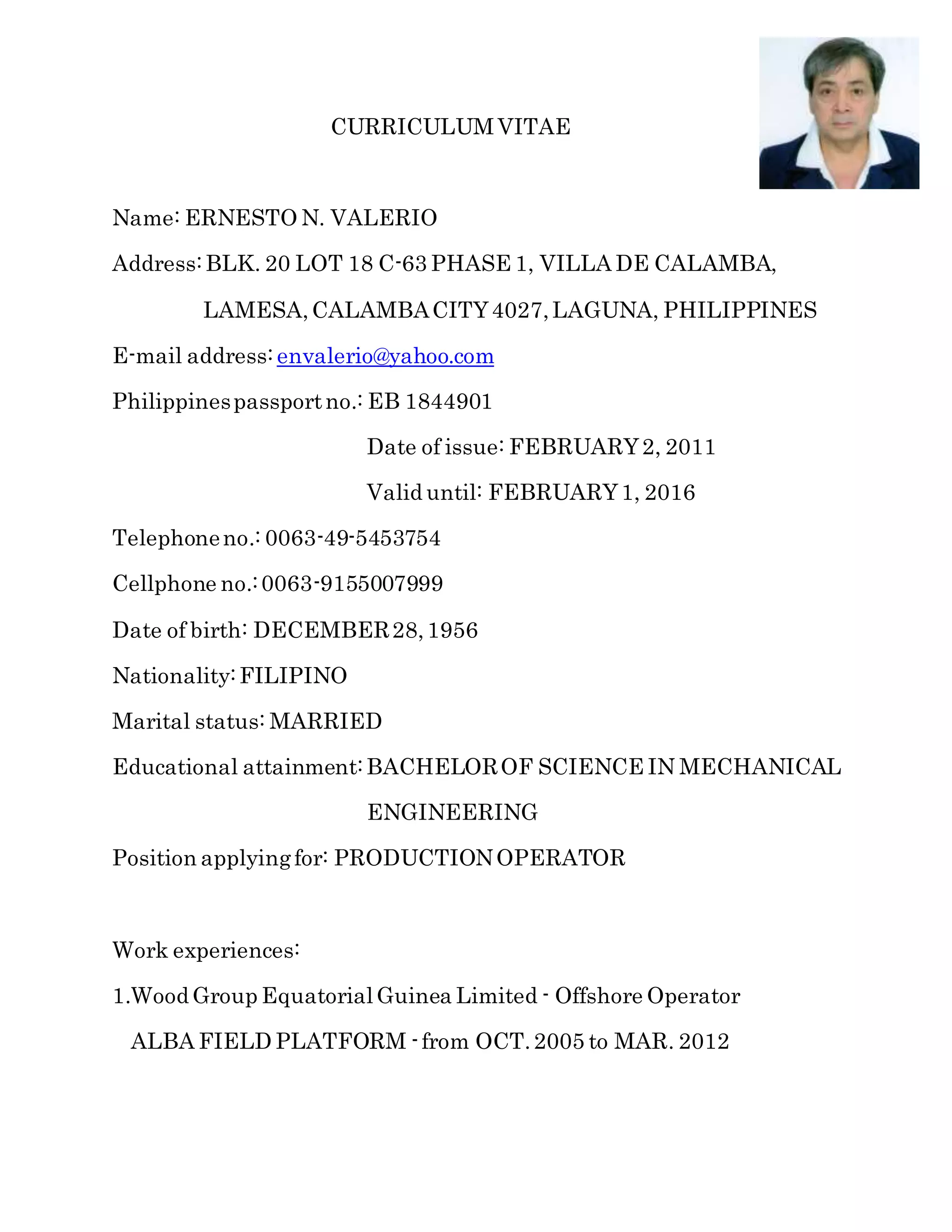 CURRICULUM VITAE OF ERNESTO N. VALERIO 1 | PDF
