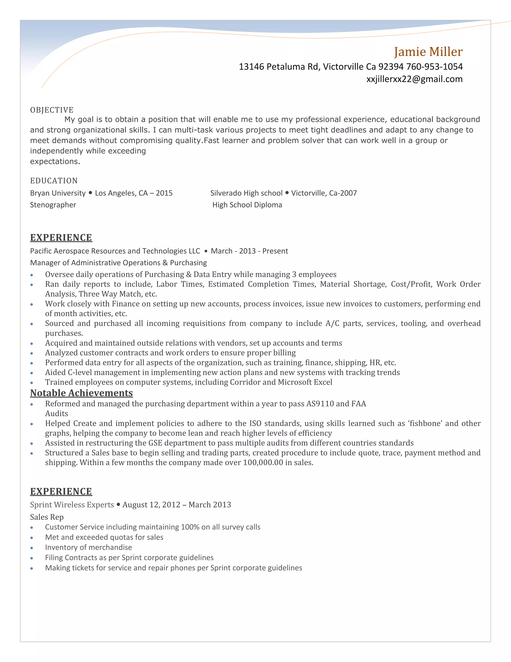 jamie miller resume | PDF | Sales | Business