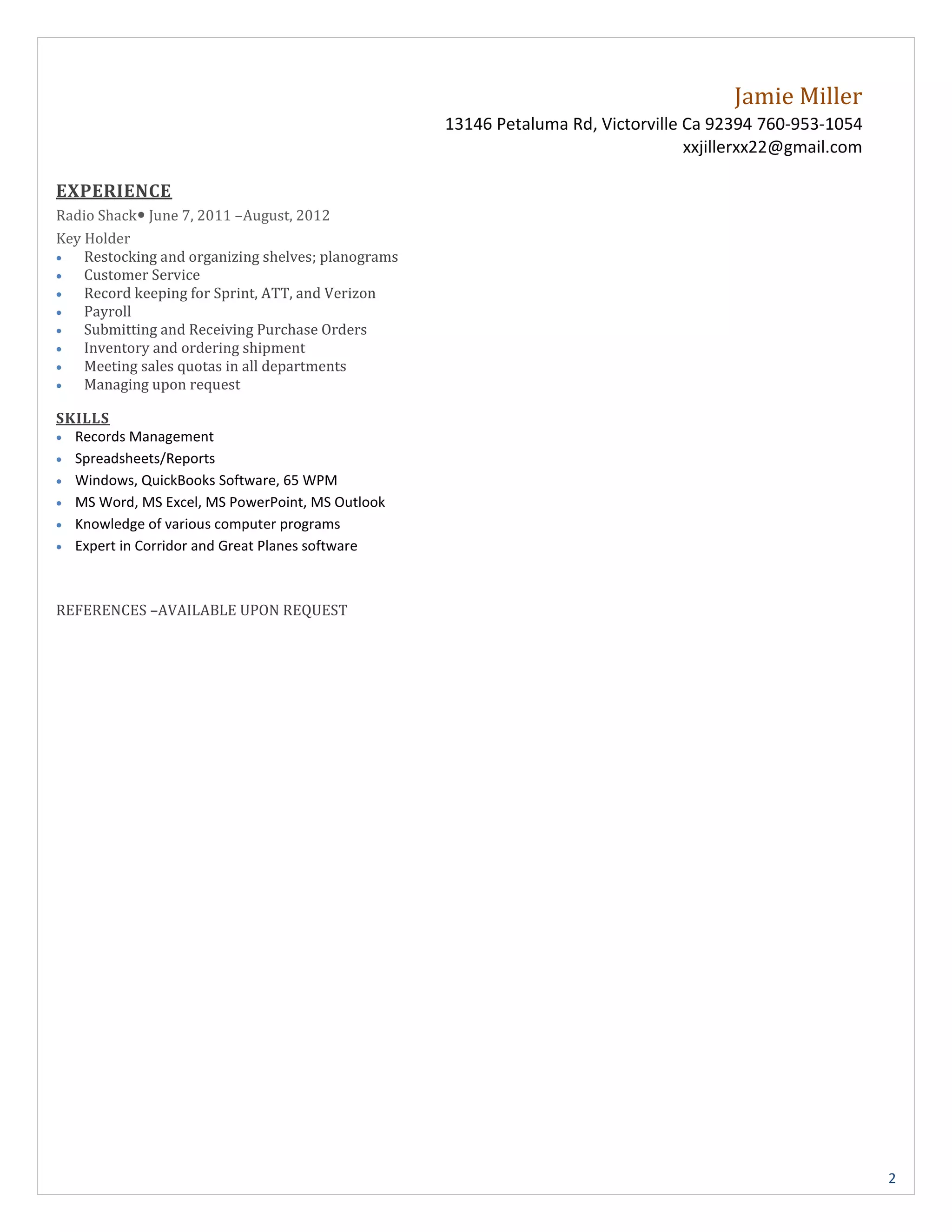 jamie miller resume | PDF | Sales | Business