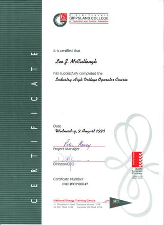 High Voltage Operator Cert 1995 | PDF