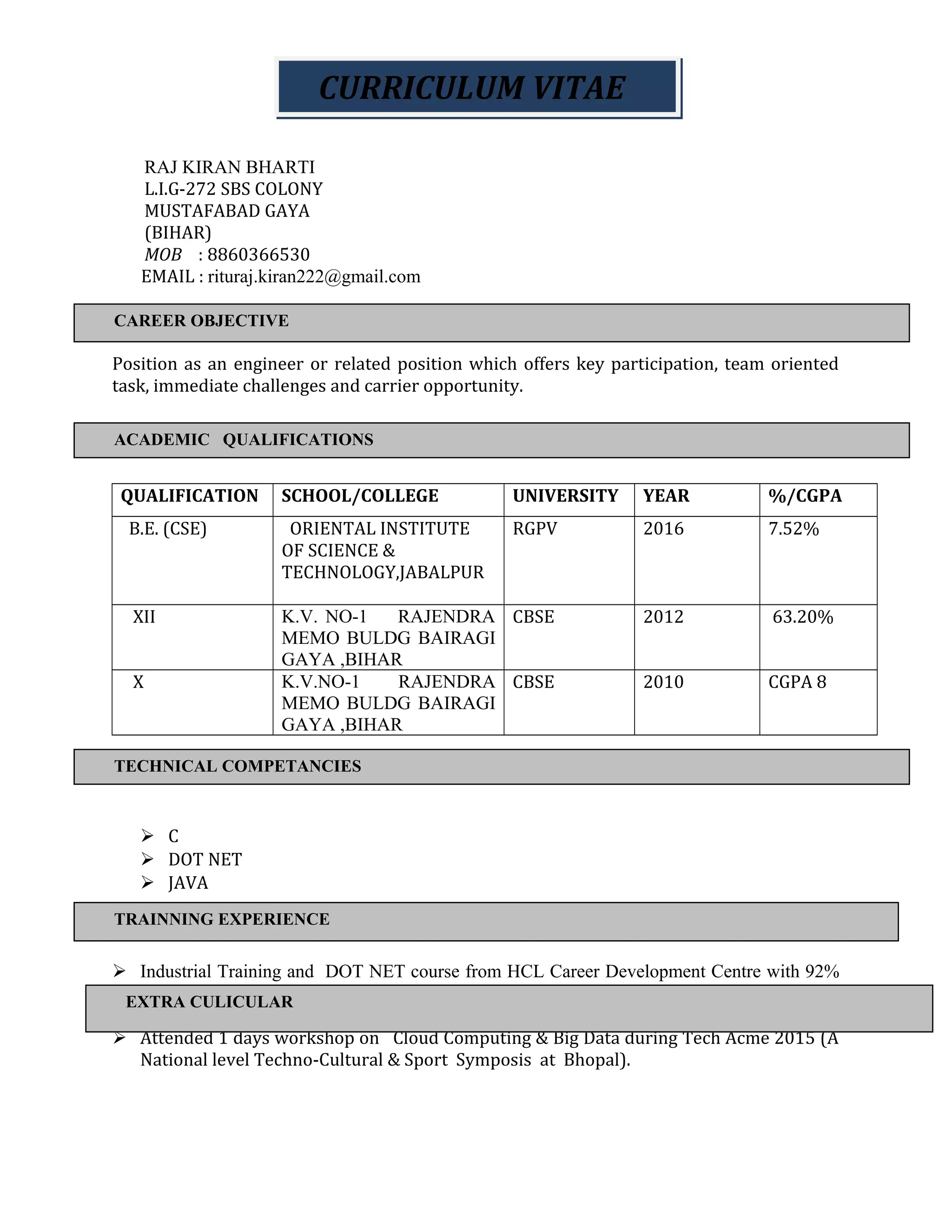 RAJ KIRAN BHARTI_BE_CSE_2016 | DOC