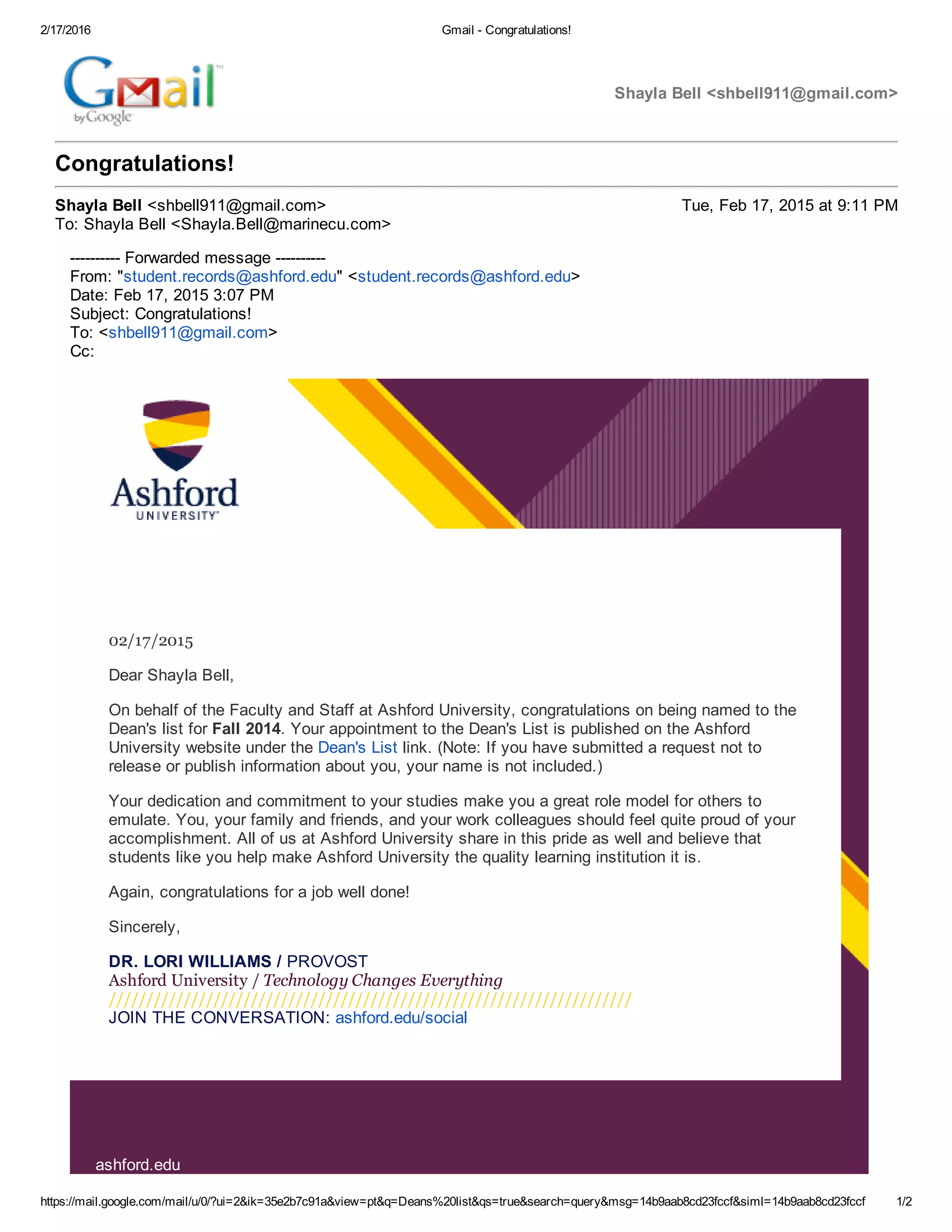 Gmail - Congratulations! Dean's List - Fall 2014 with Ashford ...