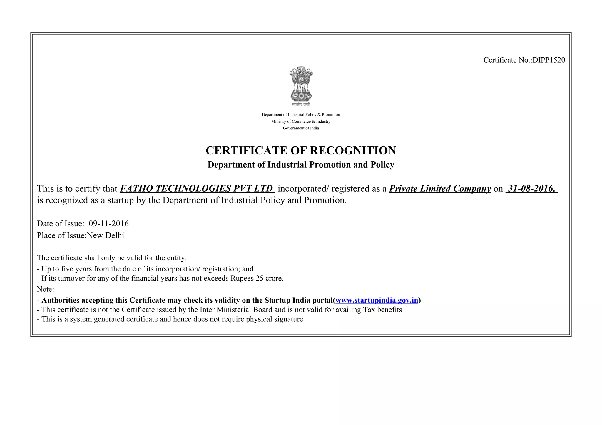 DIPP1520_FATHO_TECHNOLOGIES_PVT_LTD__Recognization | PPT | Free Download