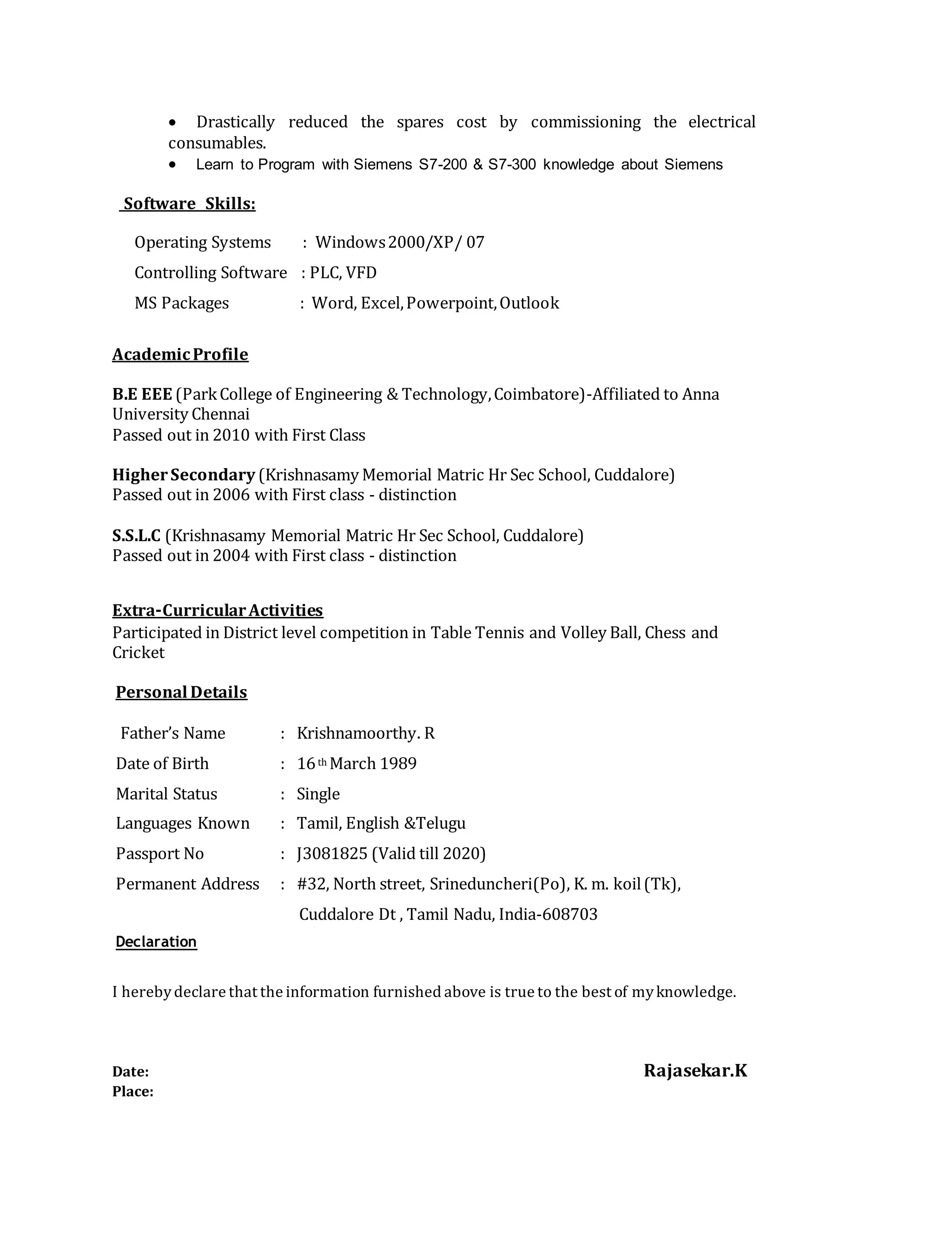 RajasekarEEE resume | DOCX | Technology & Computing