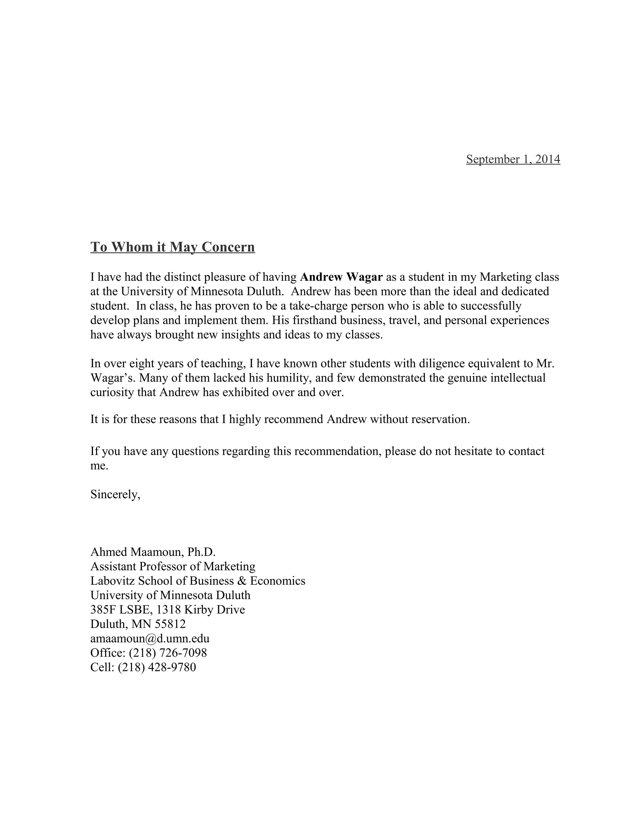 Andrew%20Wagar%20Letter%20of%20Recommendation | PDF