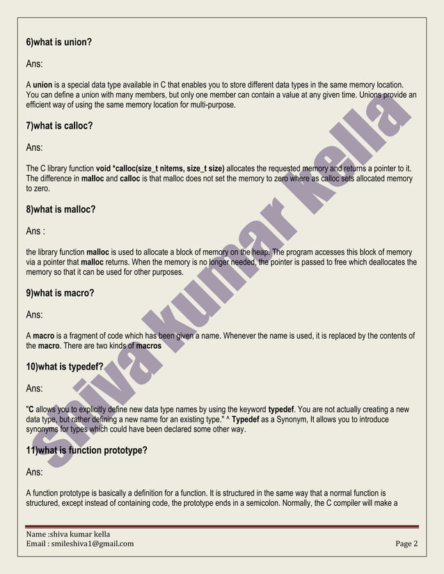 C basic questions&ansrs by shiva kumar kella | PDF