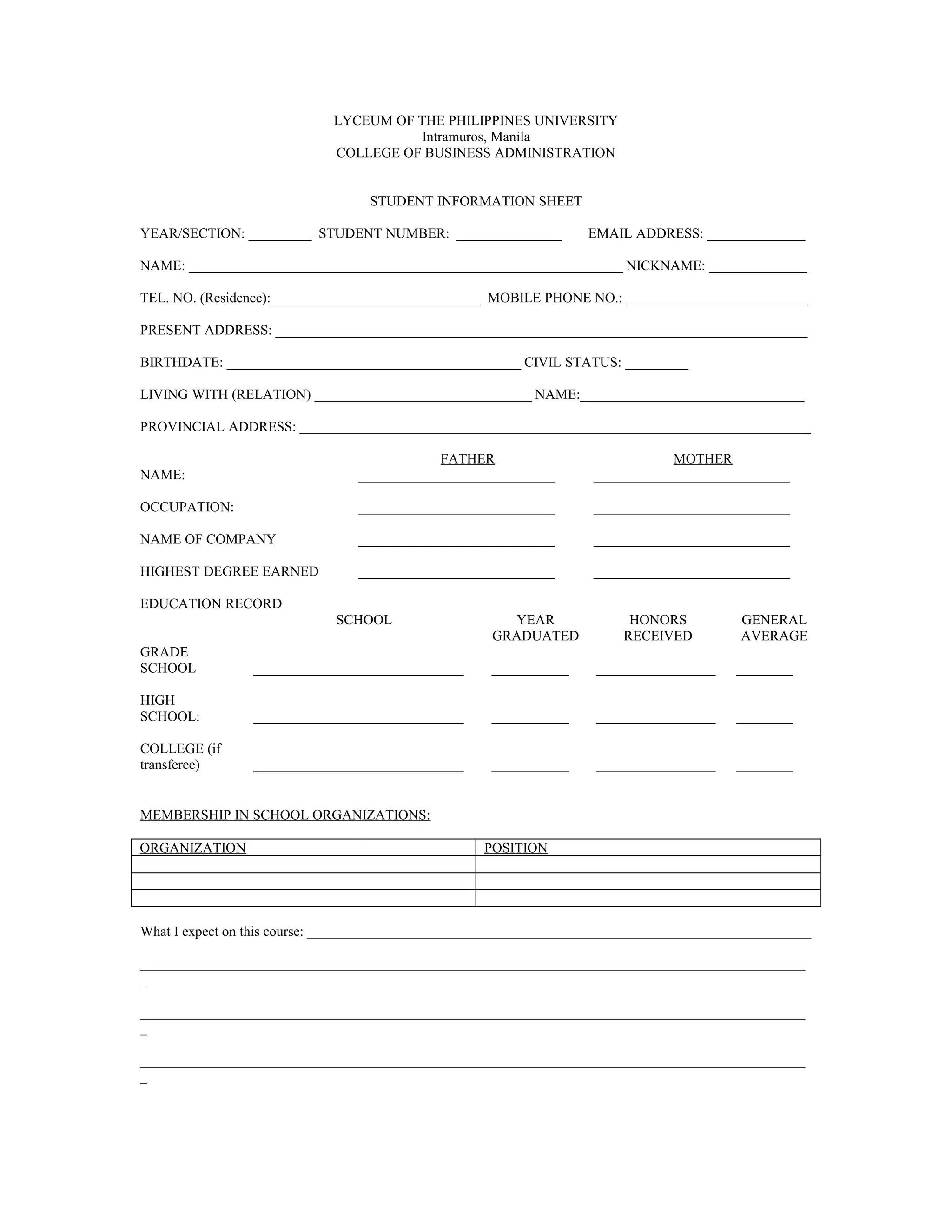 Cba sudent info sheet | DOC