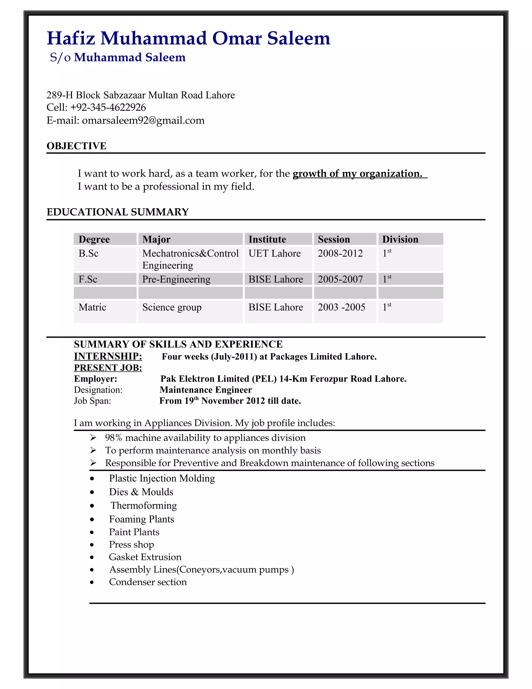 Omar Maintenance CV | PDF