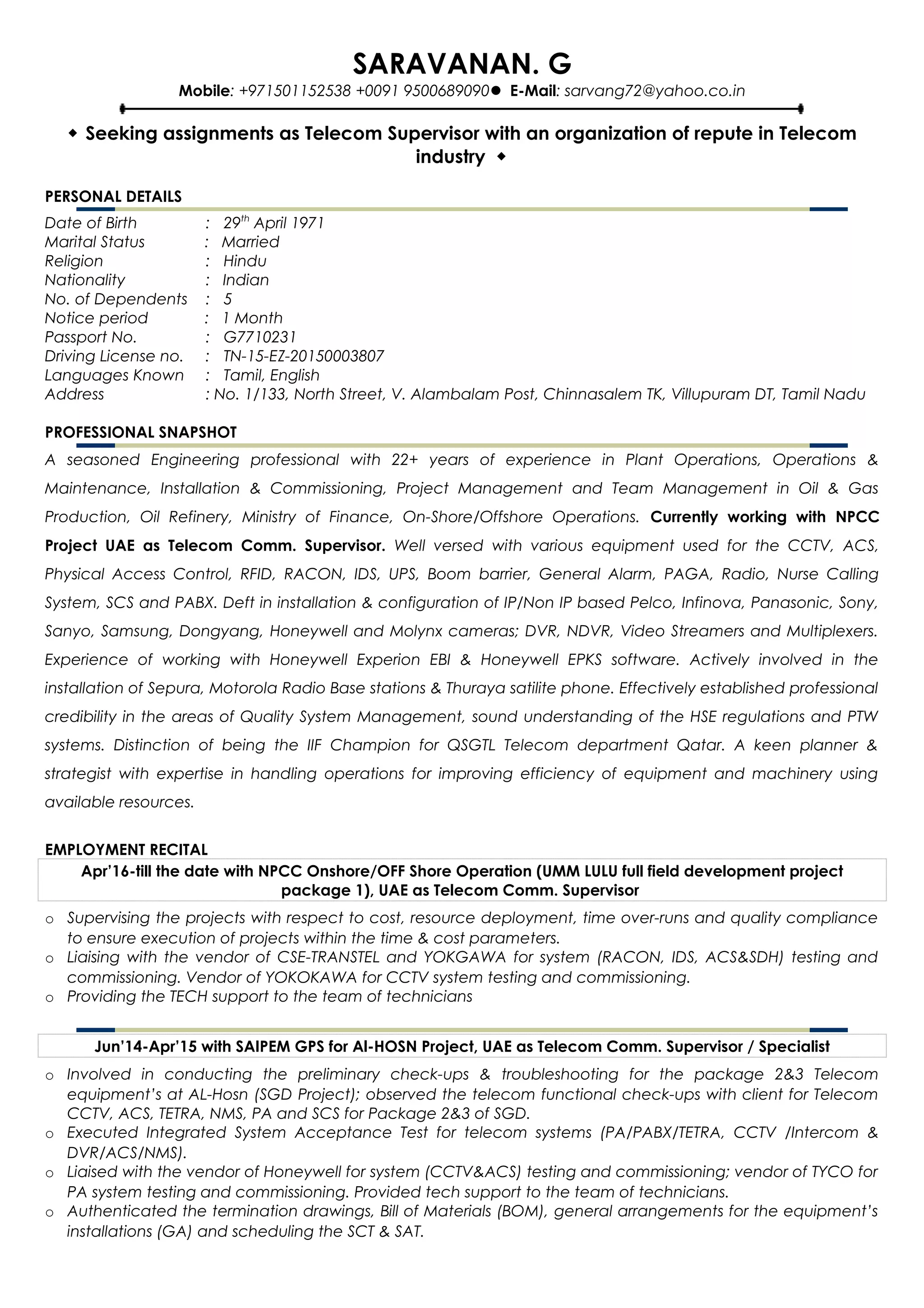 TELECOM COMMISSIONING SUPERVISOR | DOC | Civil Engineering Industry | Industries