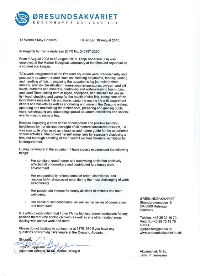 Reference letter from Oresund Aquarium | PDF
