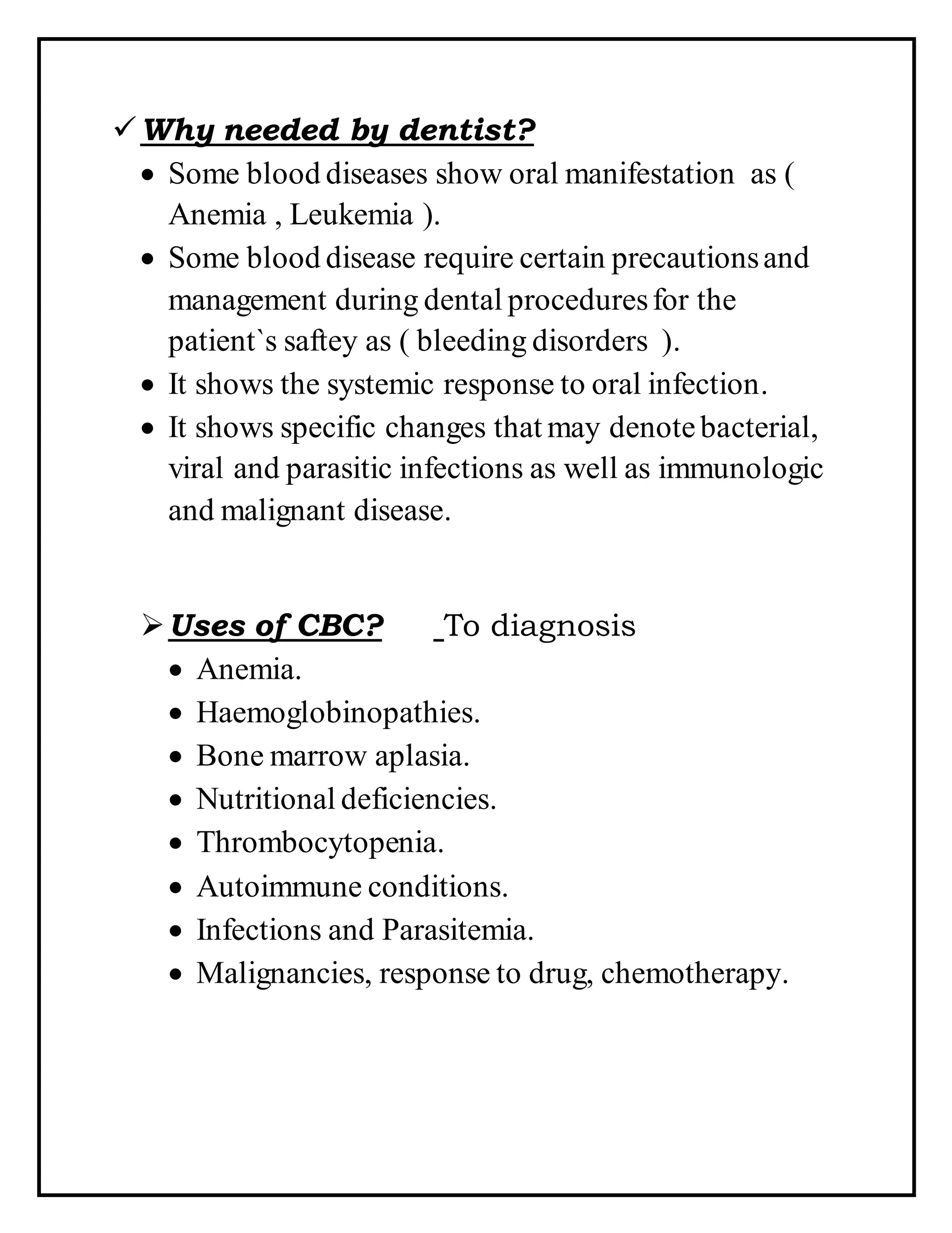 CBC Significance in Dentistry | DOCX