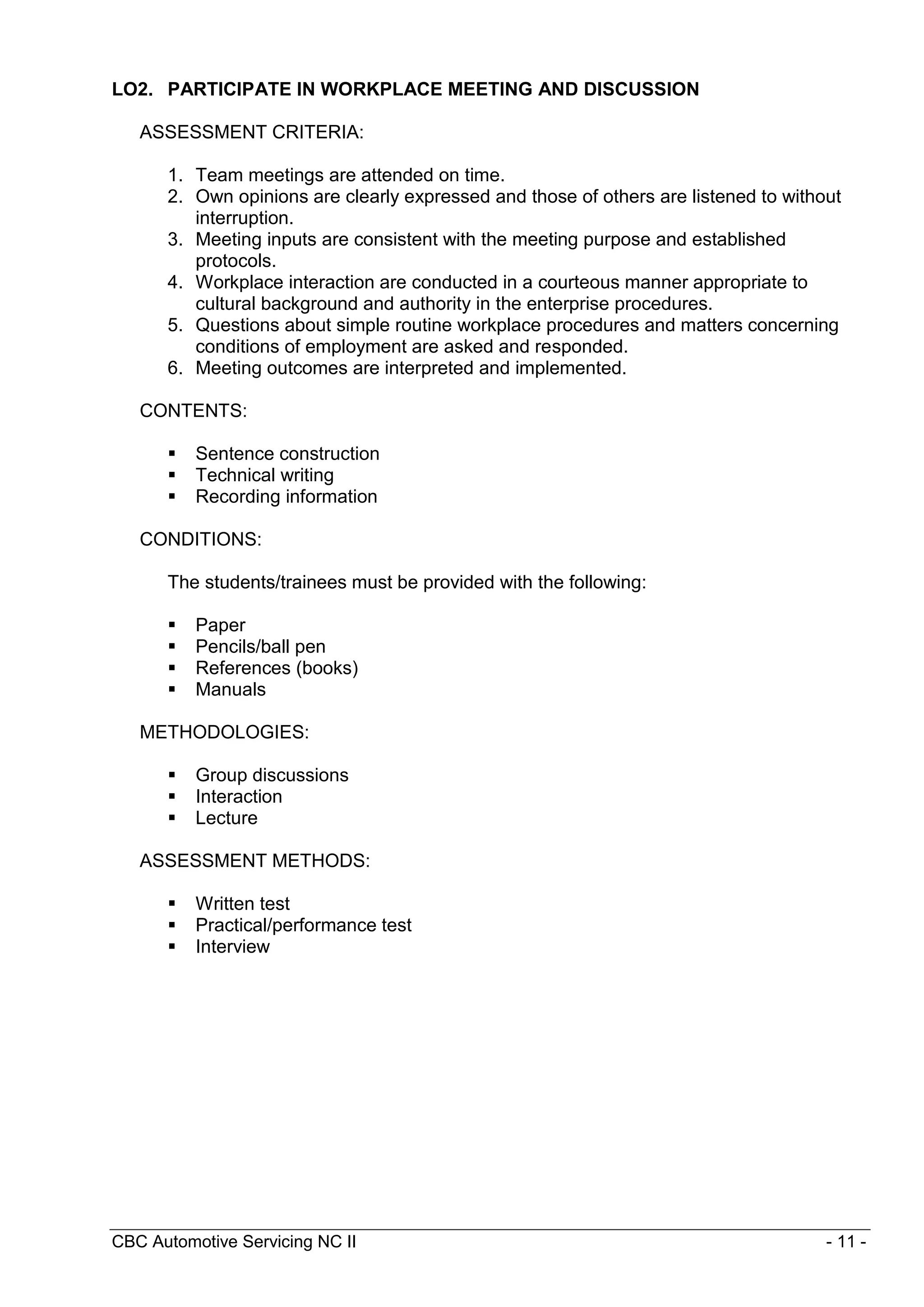 CBC Automotive Servicing NC II | DOCX