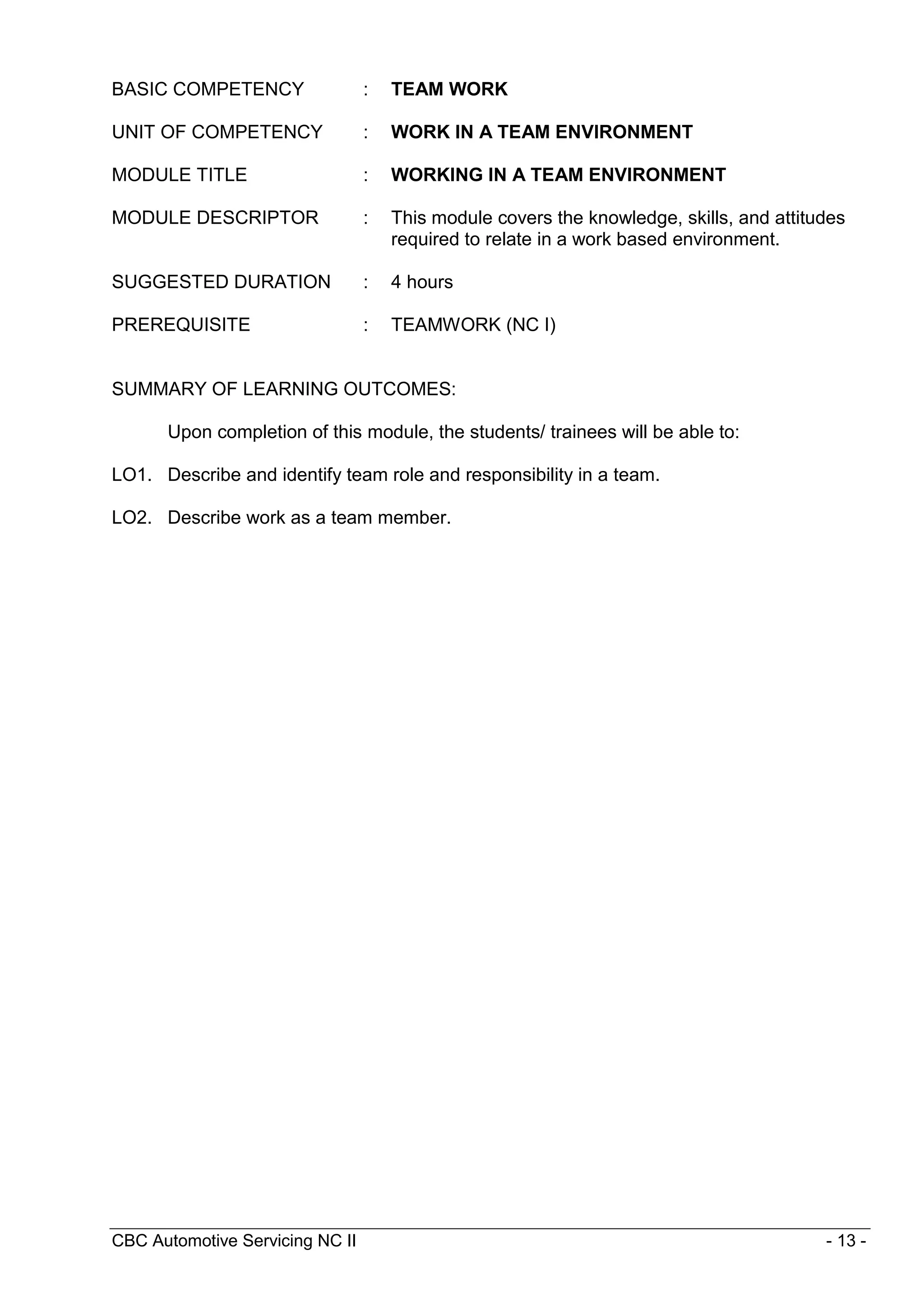 CBC Automotive Servicing NC II | DOCX